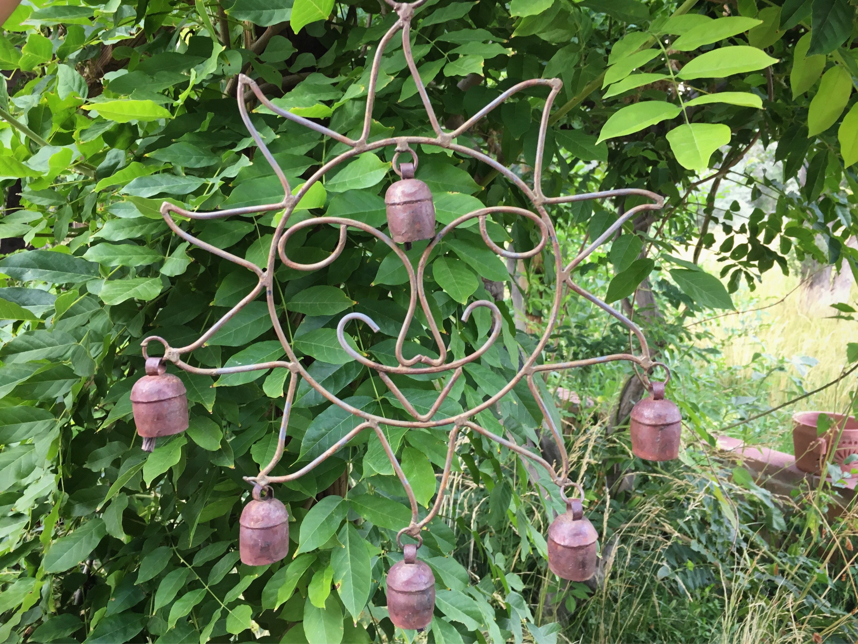 Vintage smiling sun wind chime rusty metal cow bells metal windchimes ...