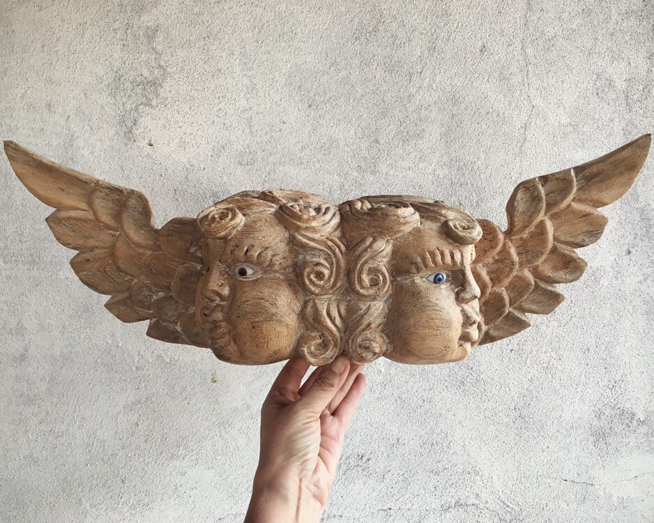 RESERVED FOR LUXE / Vintage Carved Wood Mask Two Angel Baby Cachetones ...