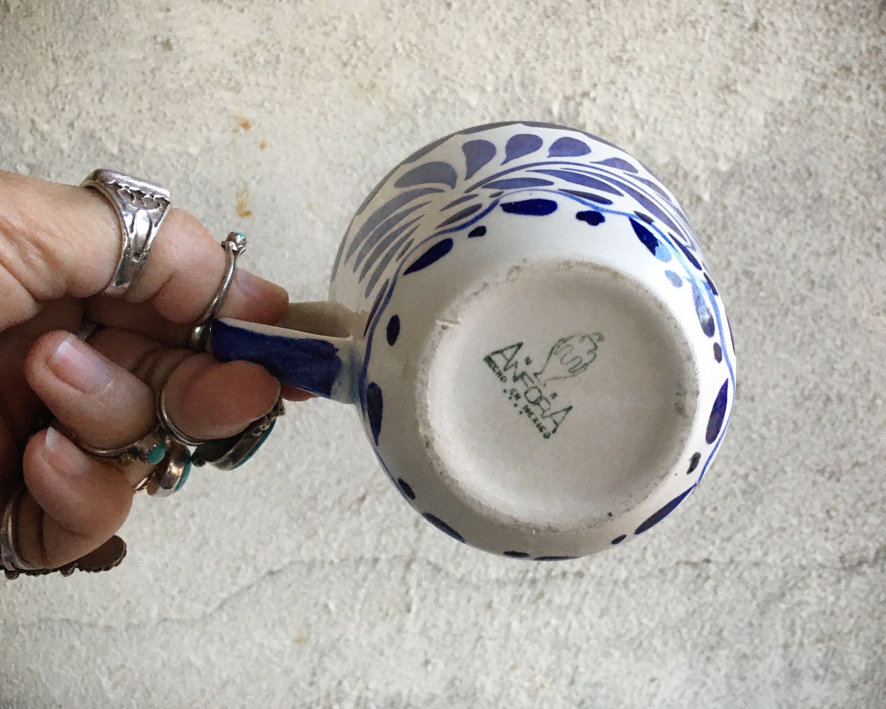 Three Vintage Mexican Anfora Puebla Blue Cups, Blue and White Talavera ...
