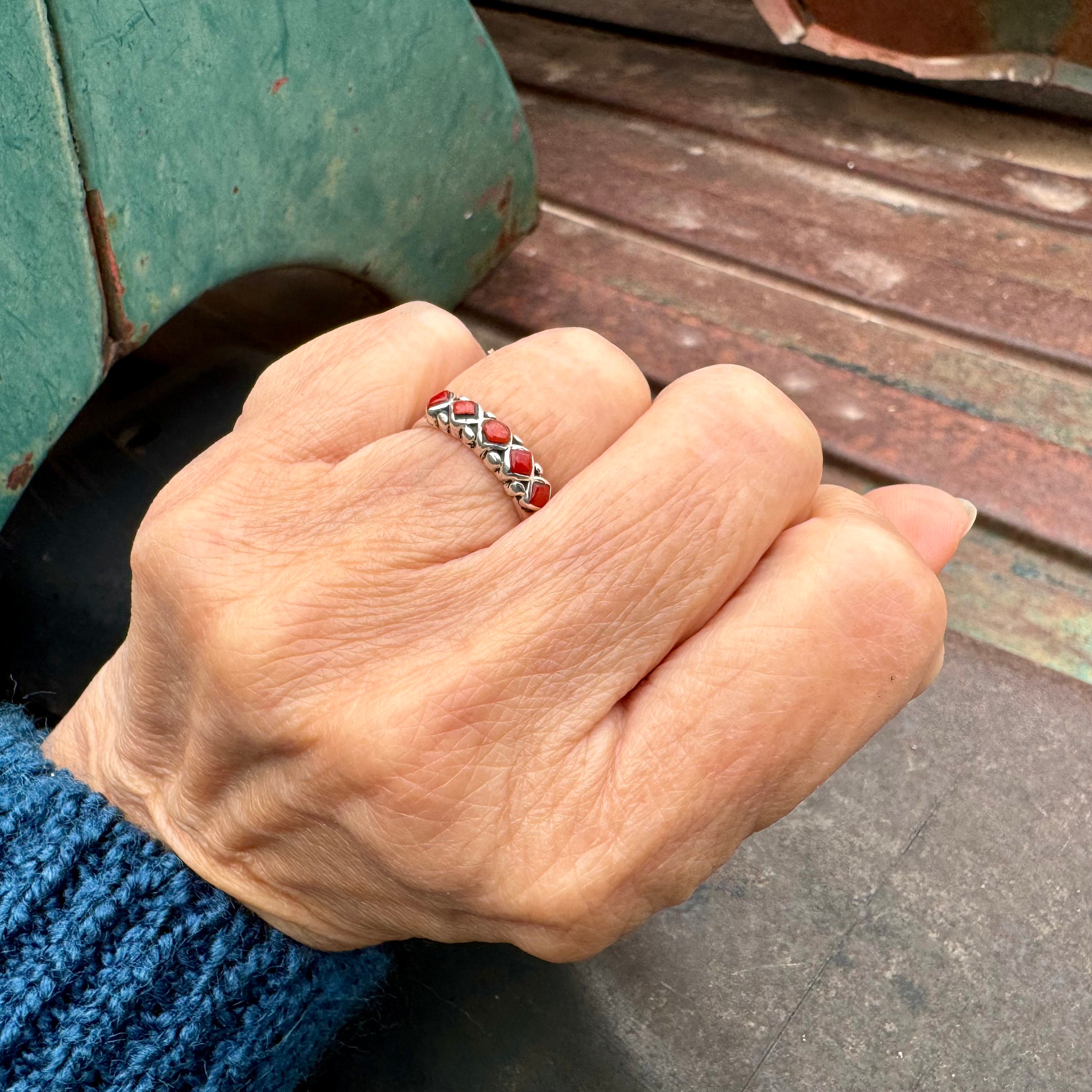Narrow and Dainty Sterling Silver and Coral Snake Eye Band Ring Size 6. ...