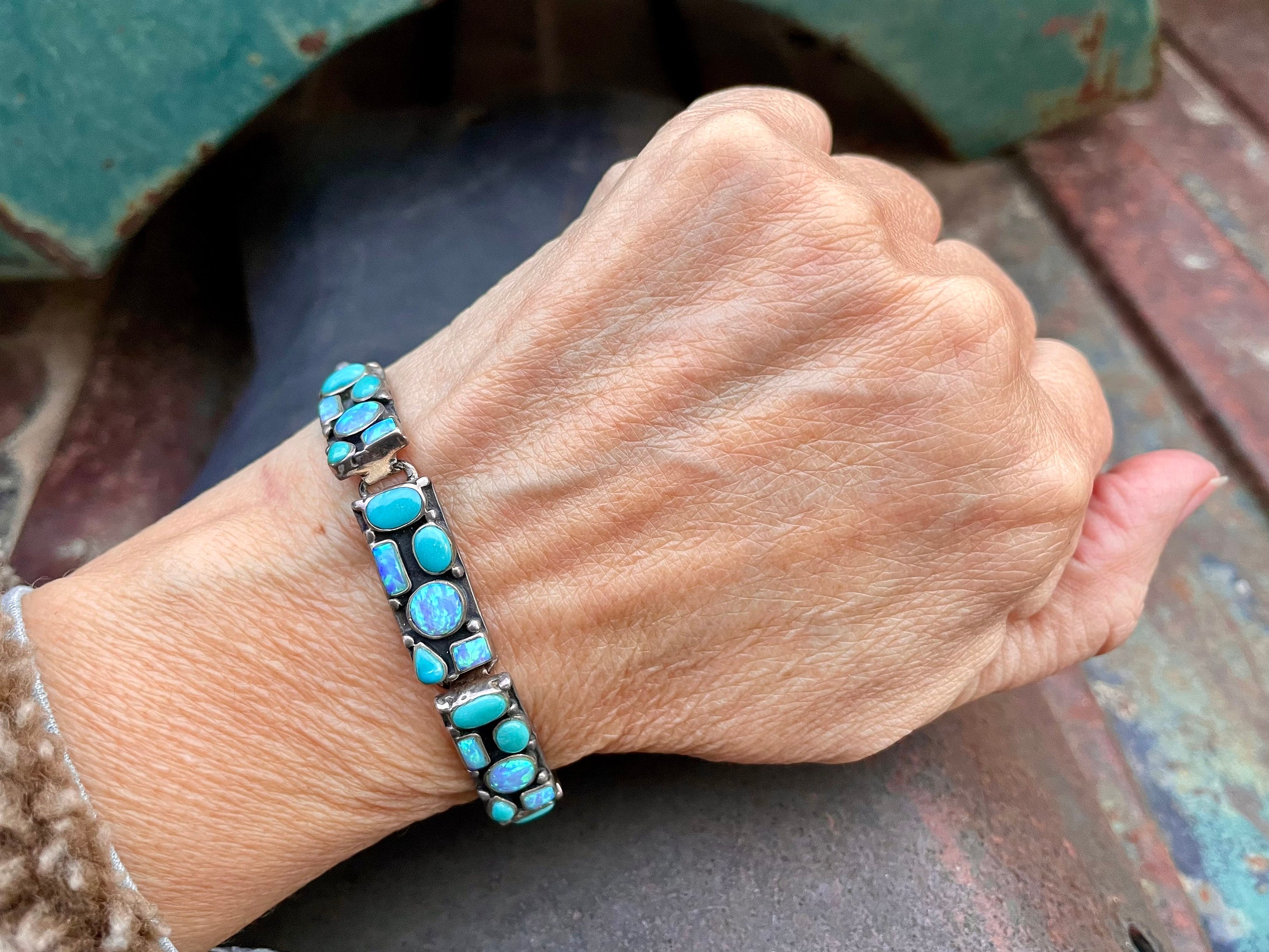 Vintage Sterling Silver Turquoise and Opal Cluster Link Bracelet ...