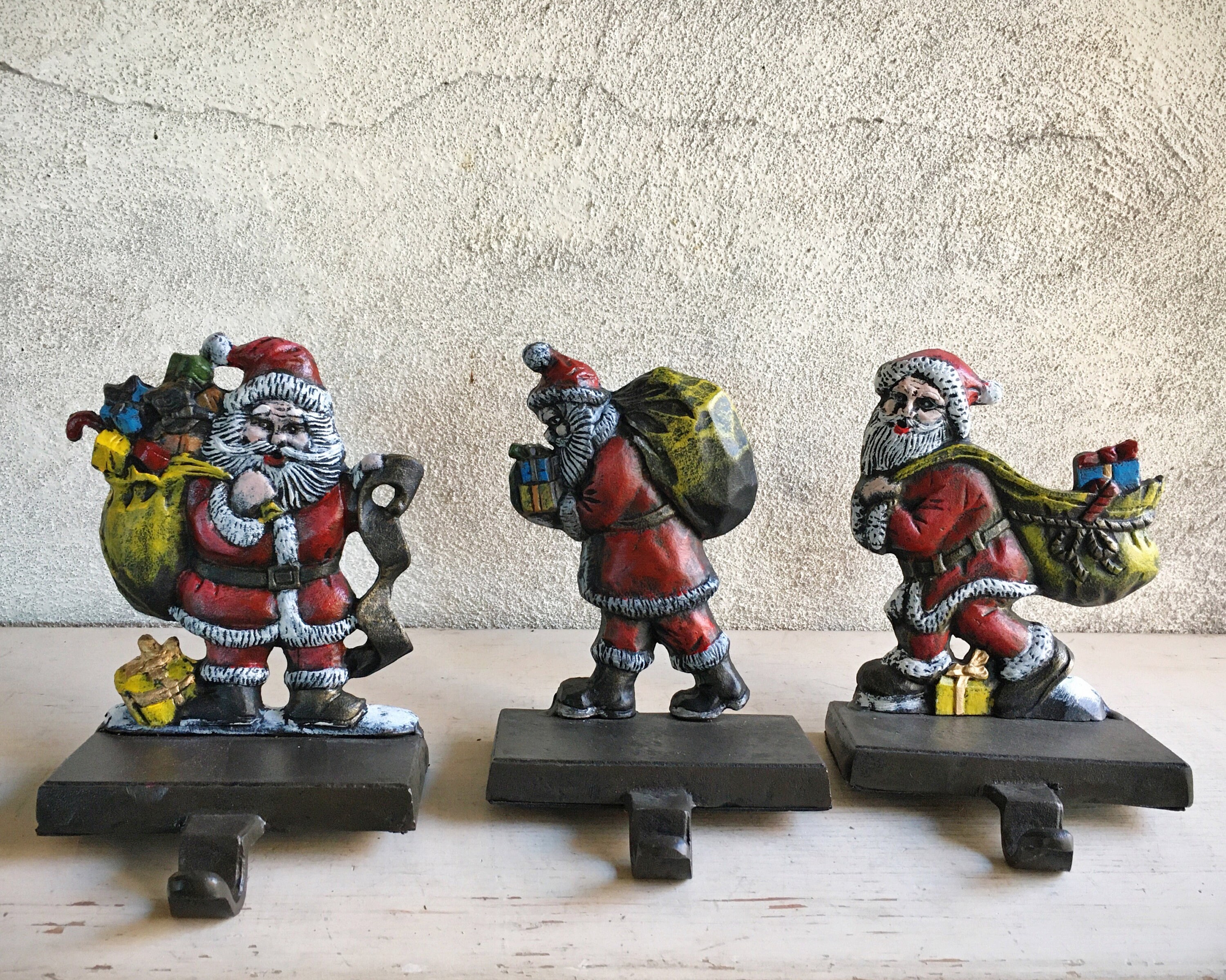 Three Cast Iron Santa Claus Stocking Holders for Mantle, Vintage ...