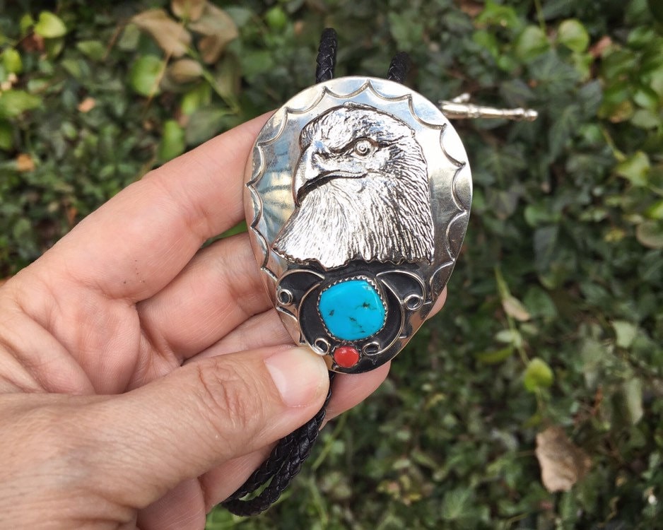 Vintage Eagle Motif German Silver Bolo Tie for Men, Authentic Turquoise ...