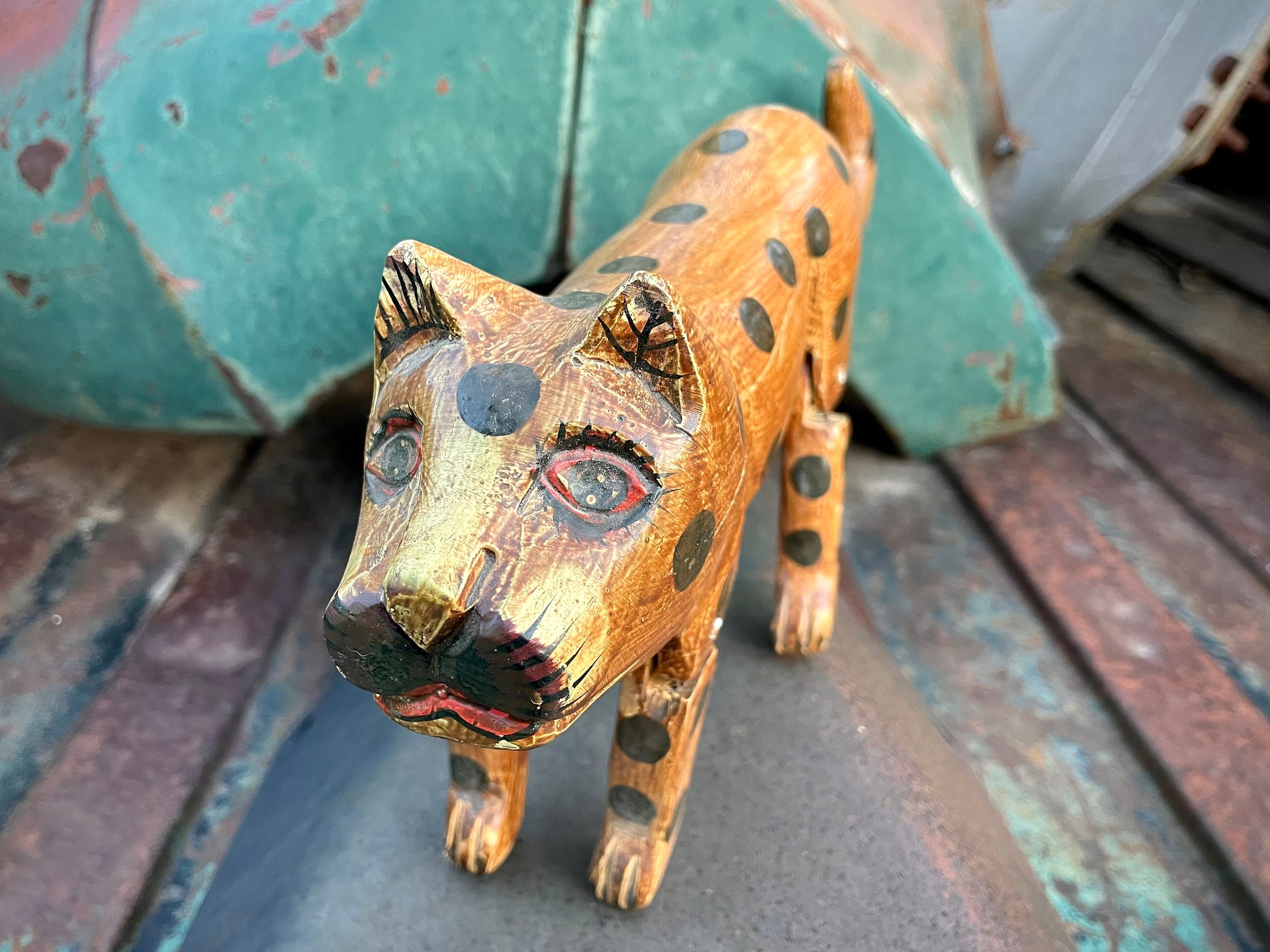 Vintage Spotted Cat Figurine with Movable Limbs, Carved Painted Folk ...