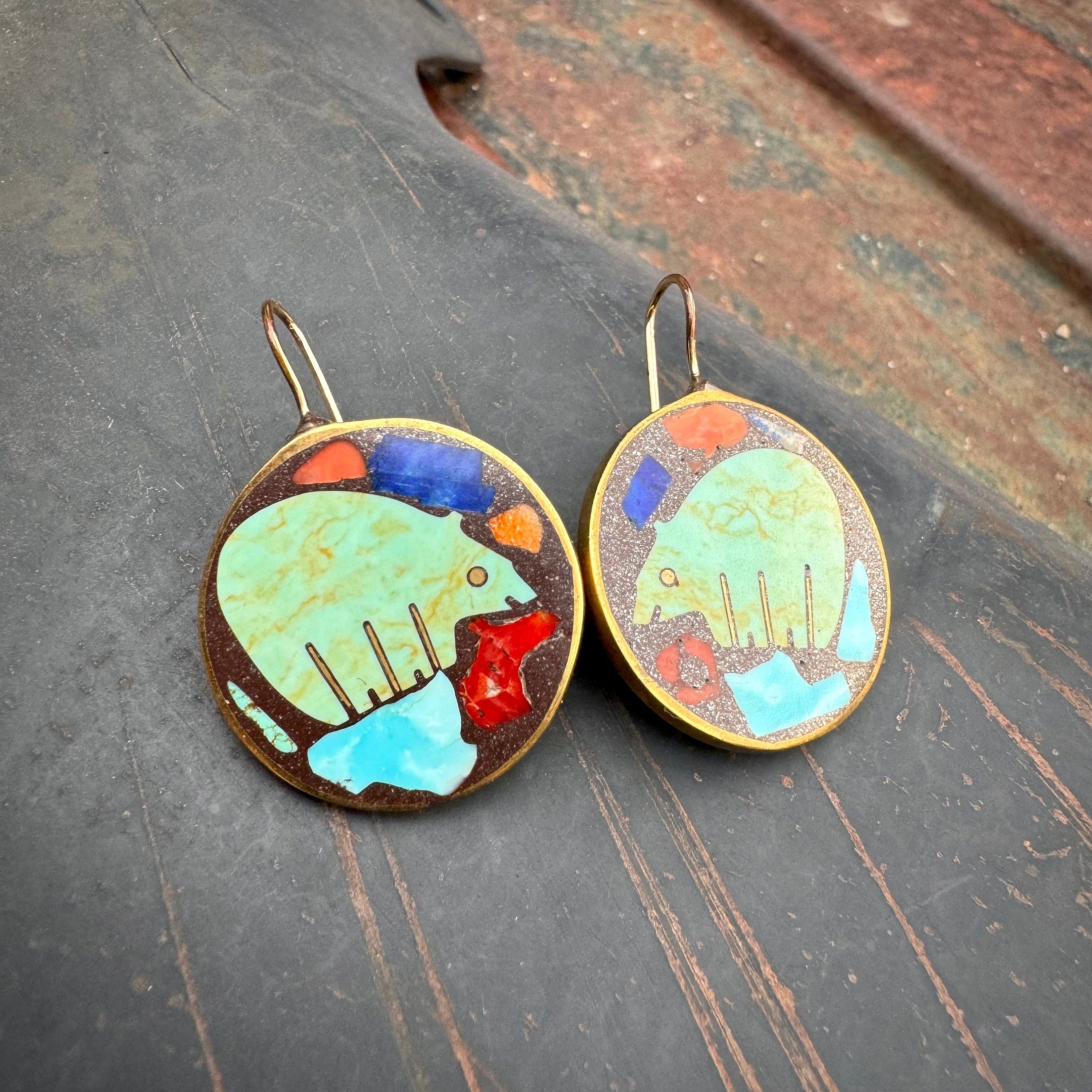 Vintage Shows Studio Multi-Stone Turquoise Bear Inlay on Brass Earrings ...