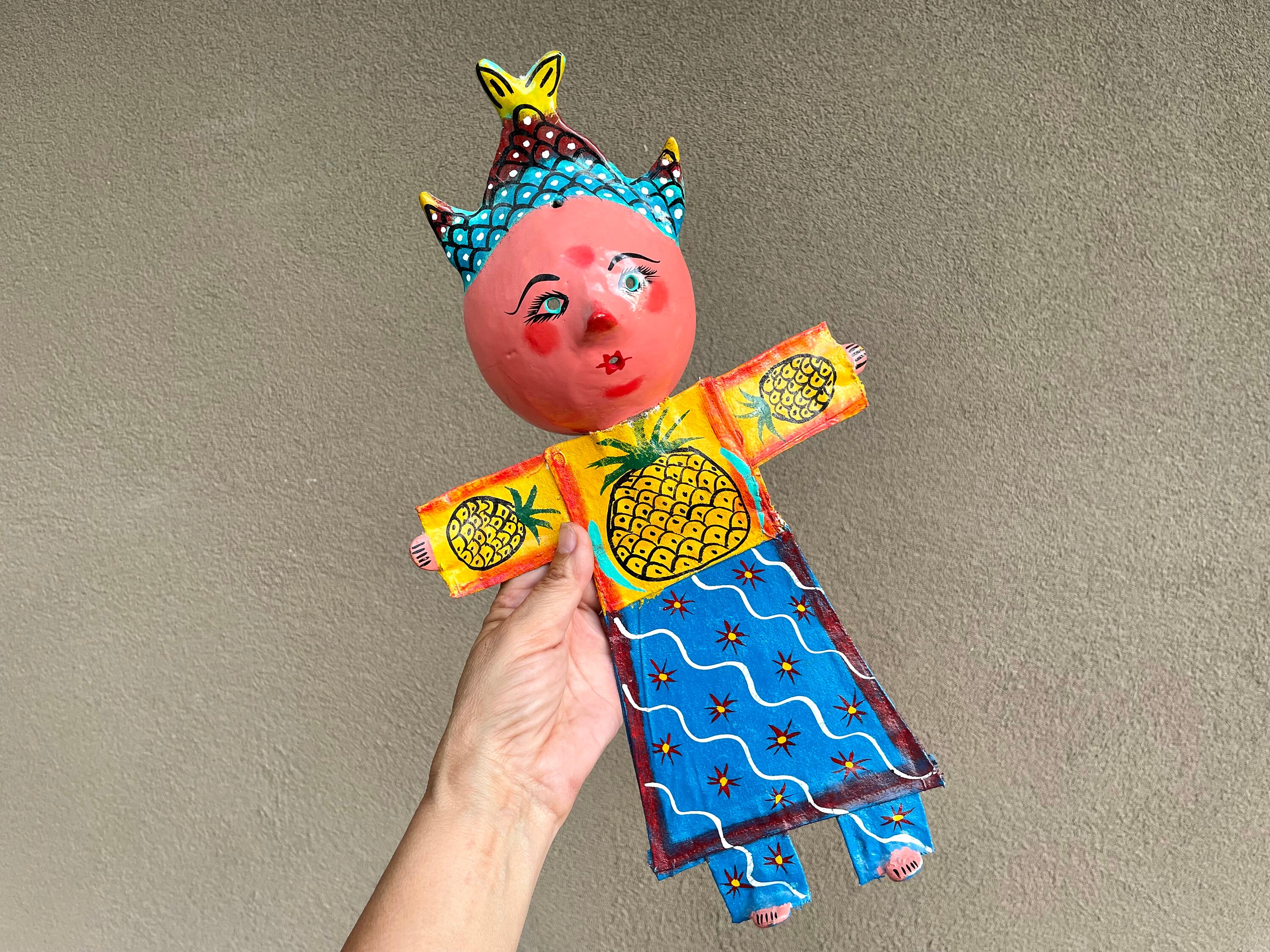 Vintage Mexican Folk Art Fish Head Lady Coconut Shell Wall Hanging with ...