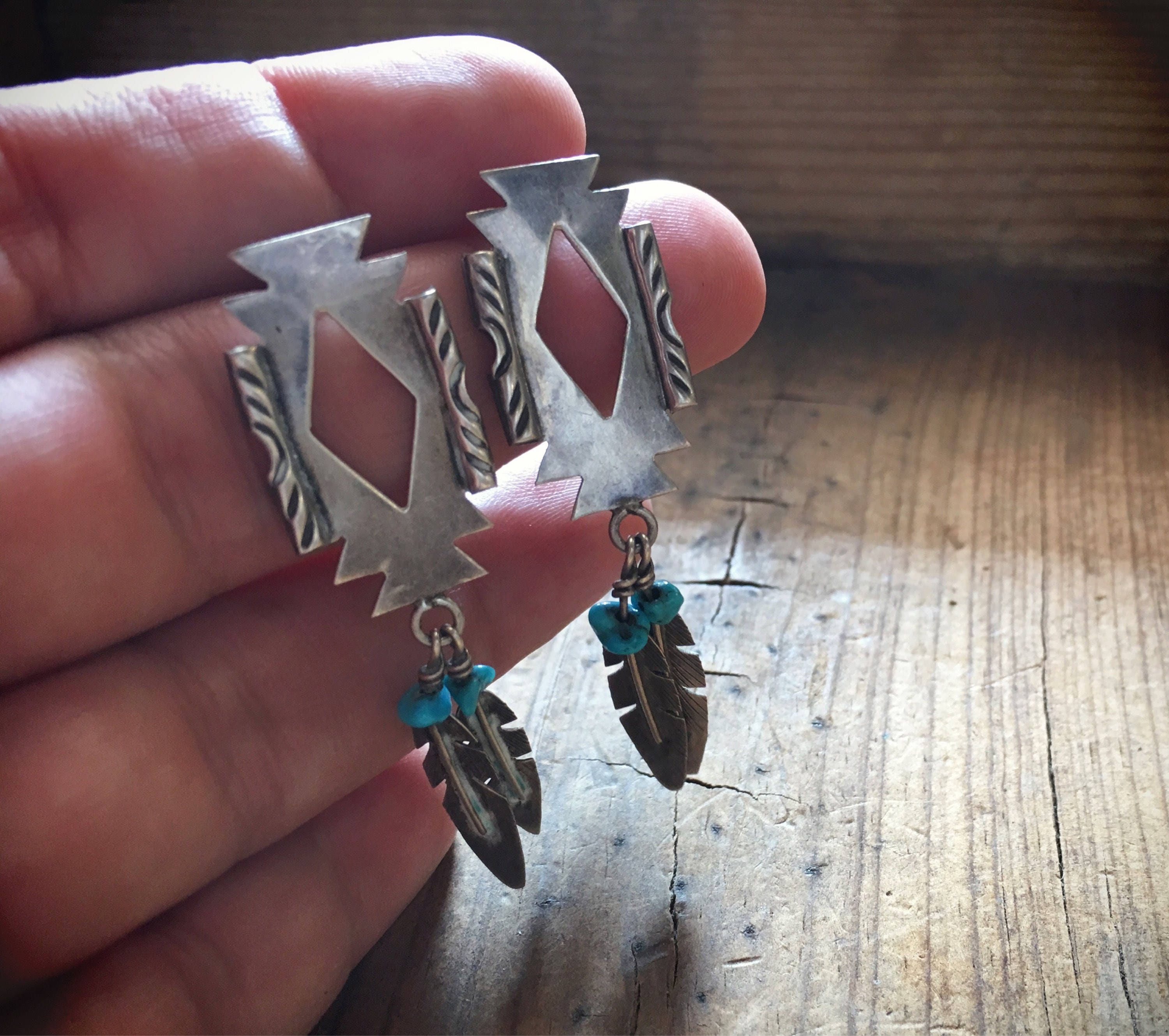 Vintage Native American sterling silver feather earrings with blue ...
