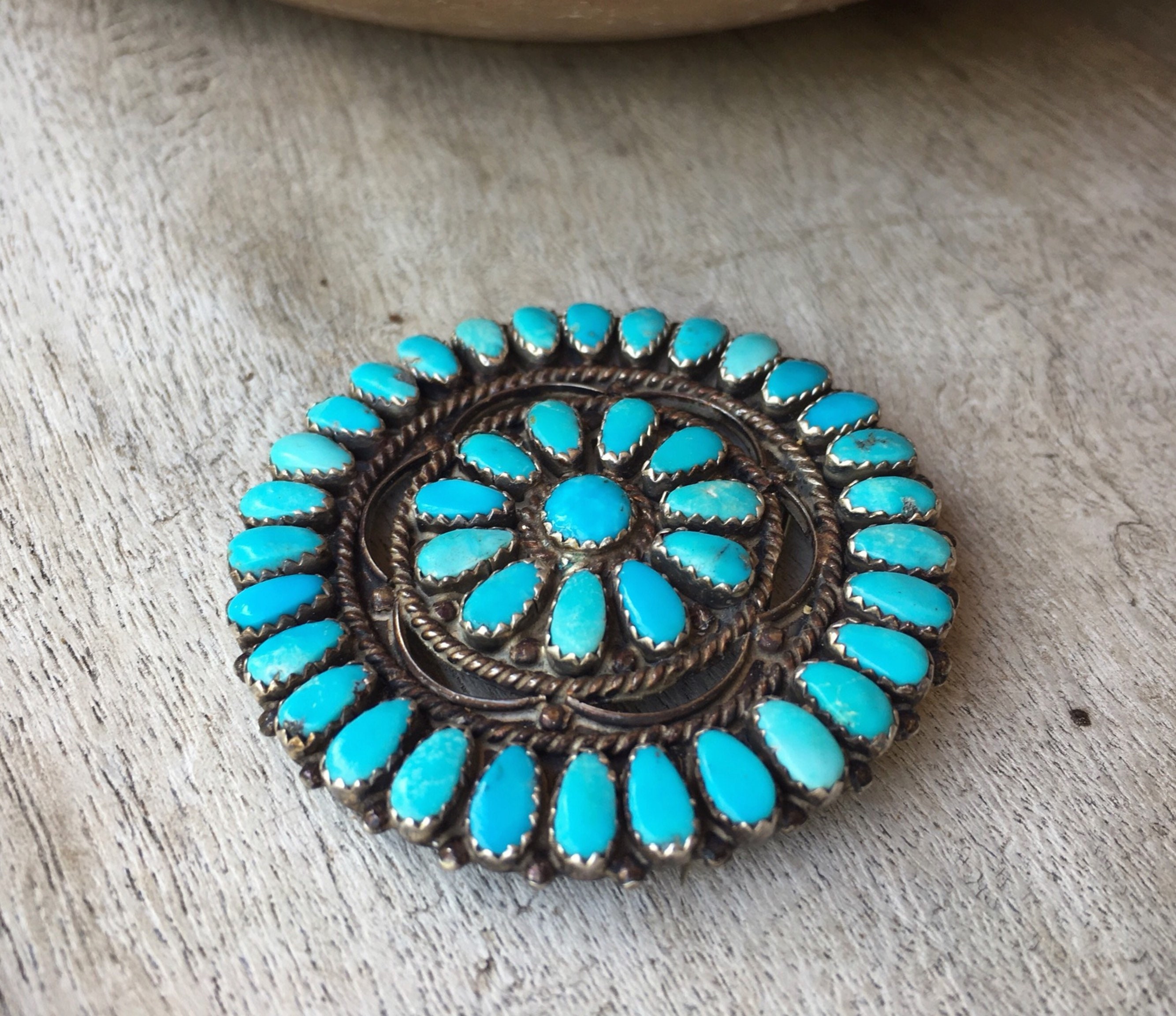 Large Vintage Petit Point Turquoise Cluster Pendant Brooch, Native ...