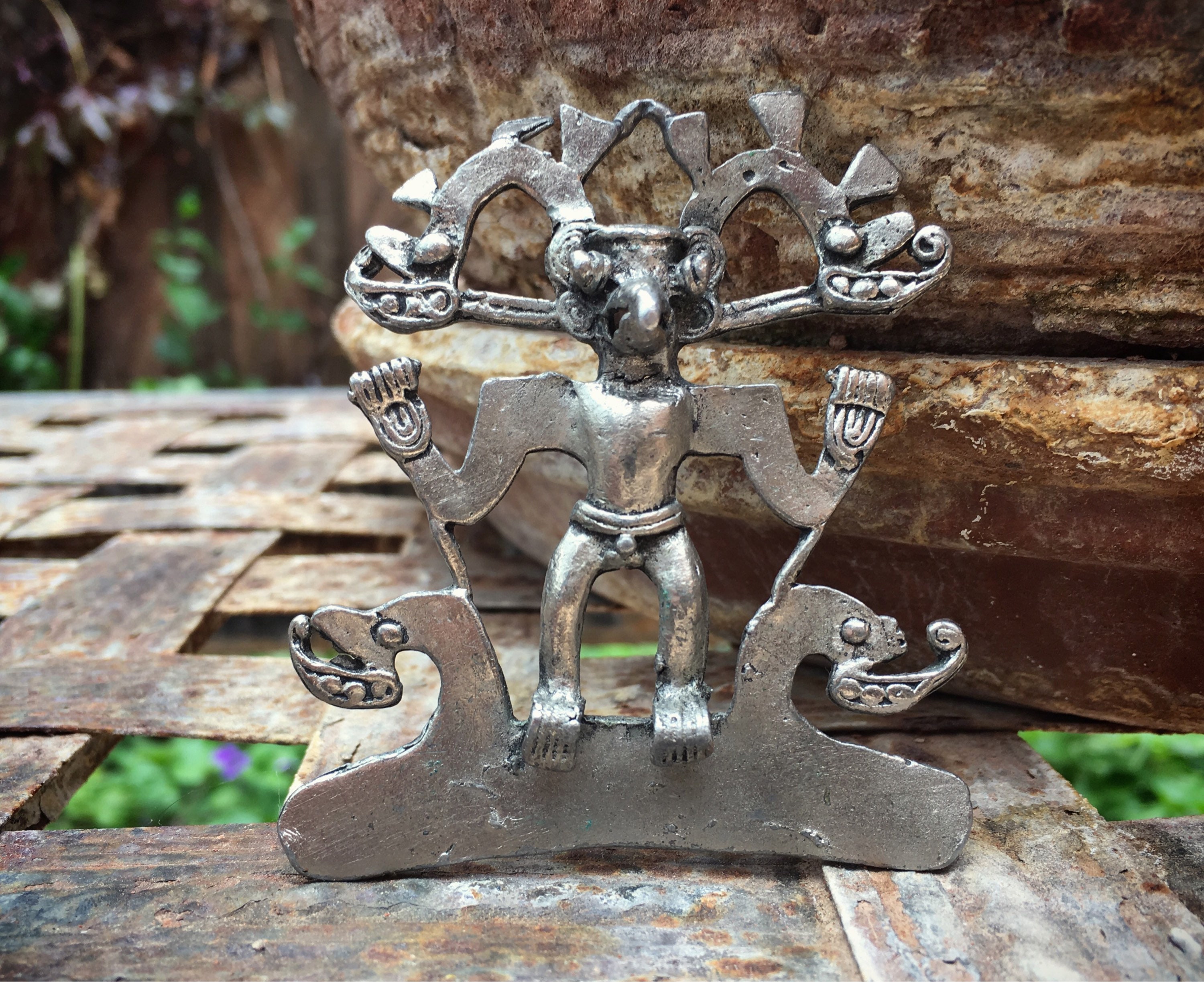 Large 1980s Silver Tone Pendant Aztec Warrior Costume Statement Jewelry ...