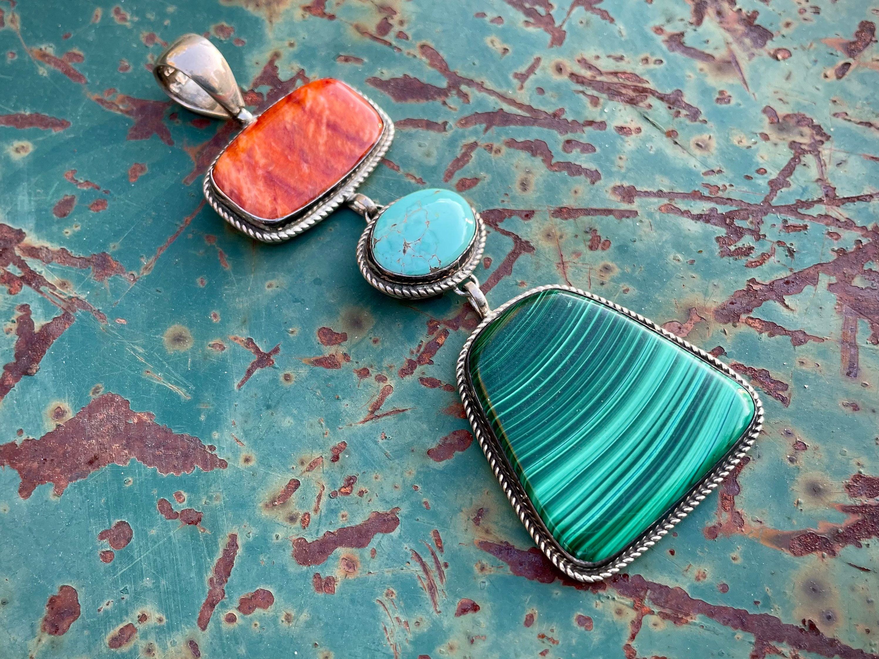 Vintage Long Orange Spiny Oyster Turquoise Malachite Sterling Silver ...