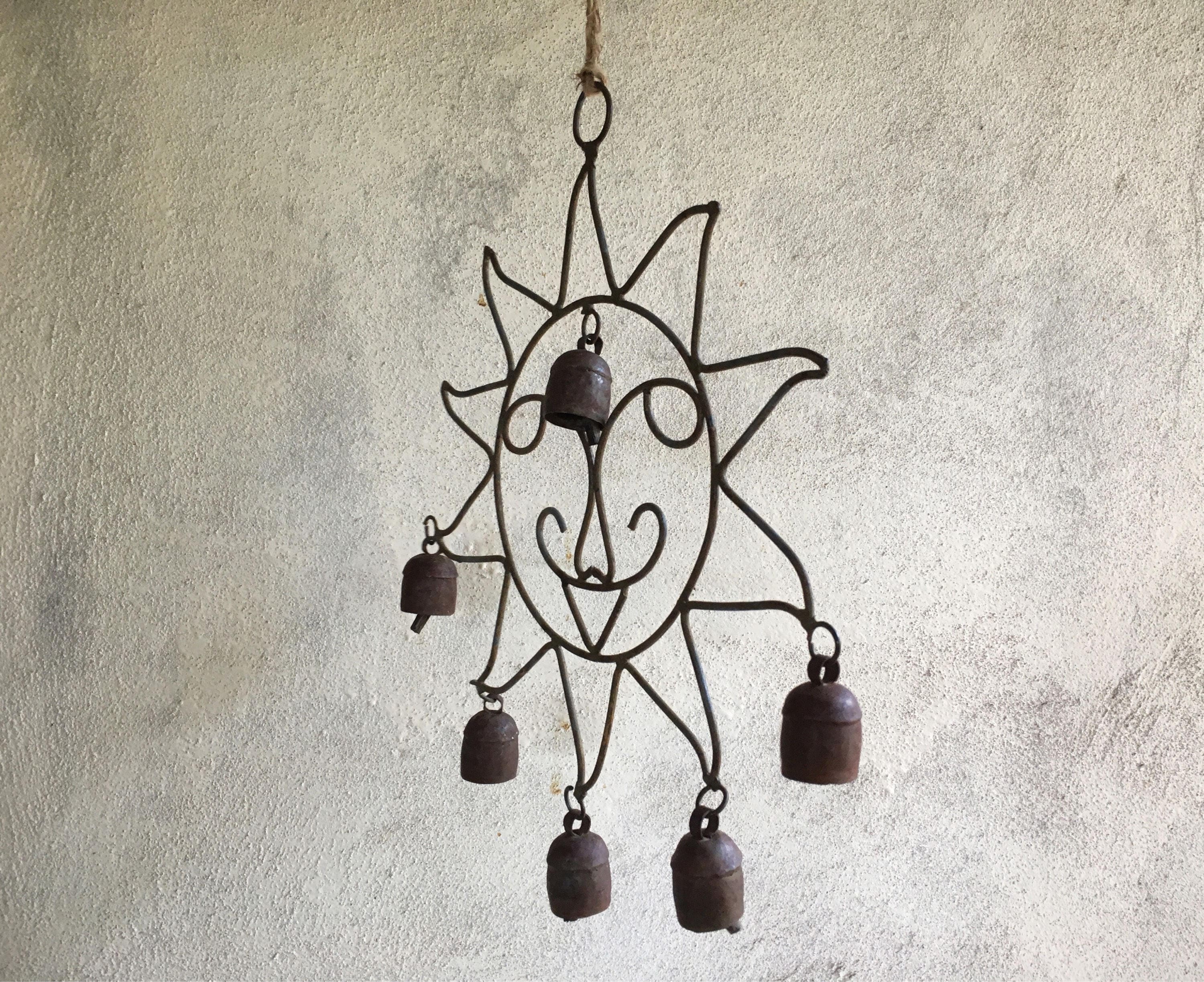Vintage smiling sun wind chime rusty metal cow bells metal windchimes ...