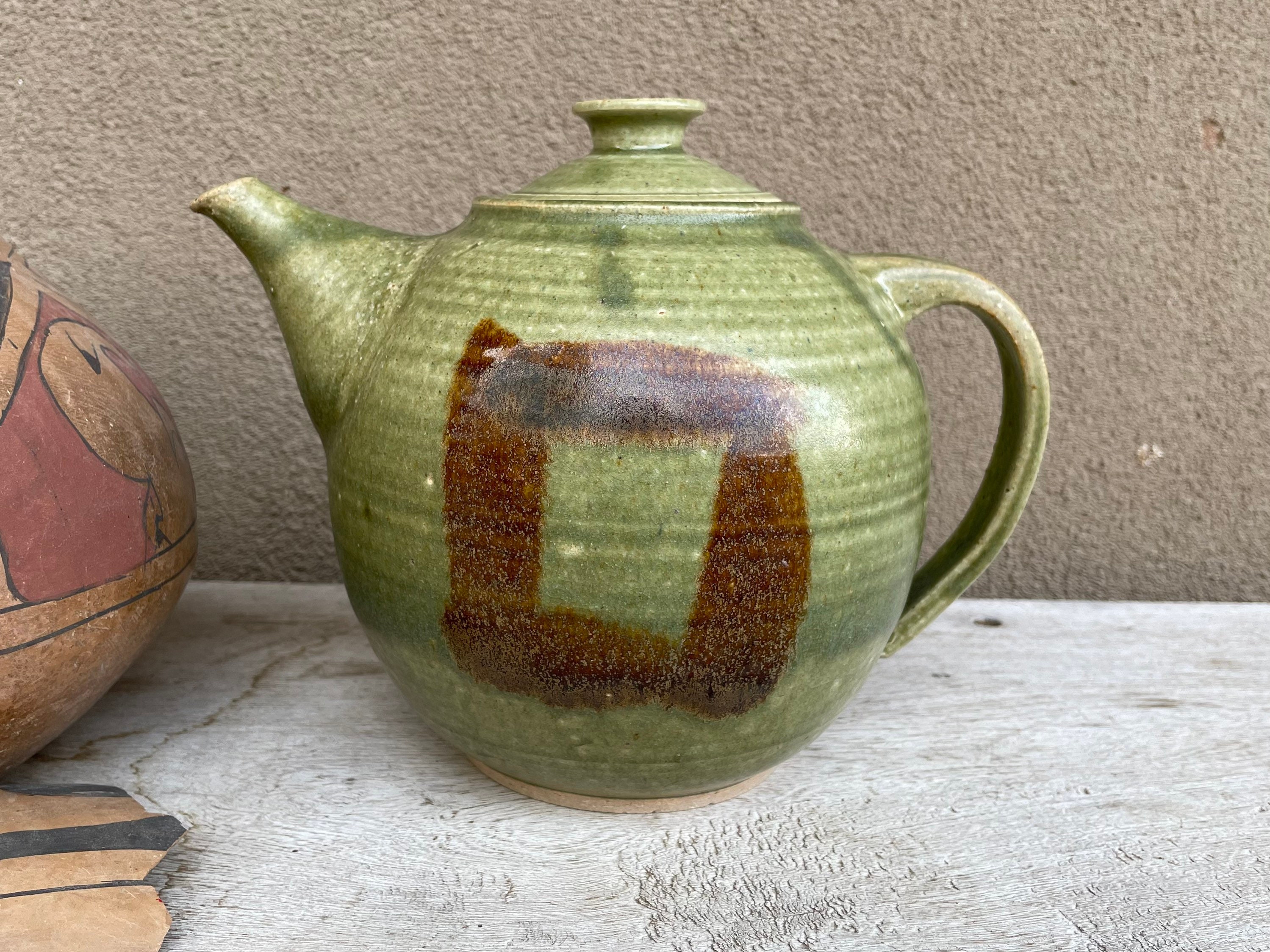 Signed Art Studio Pottery Teapot with Green Glaze, Japanese Asian Look ...