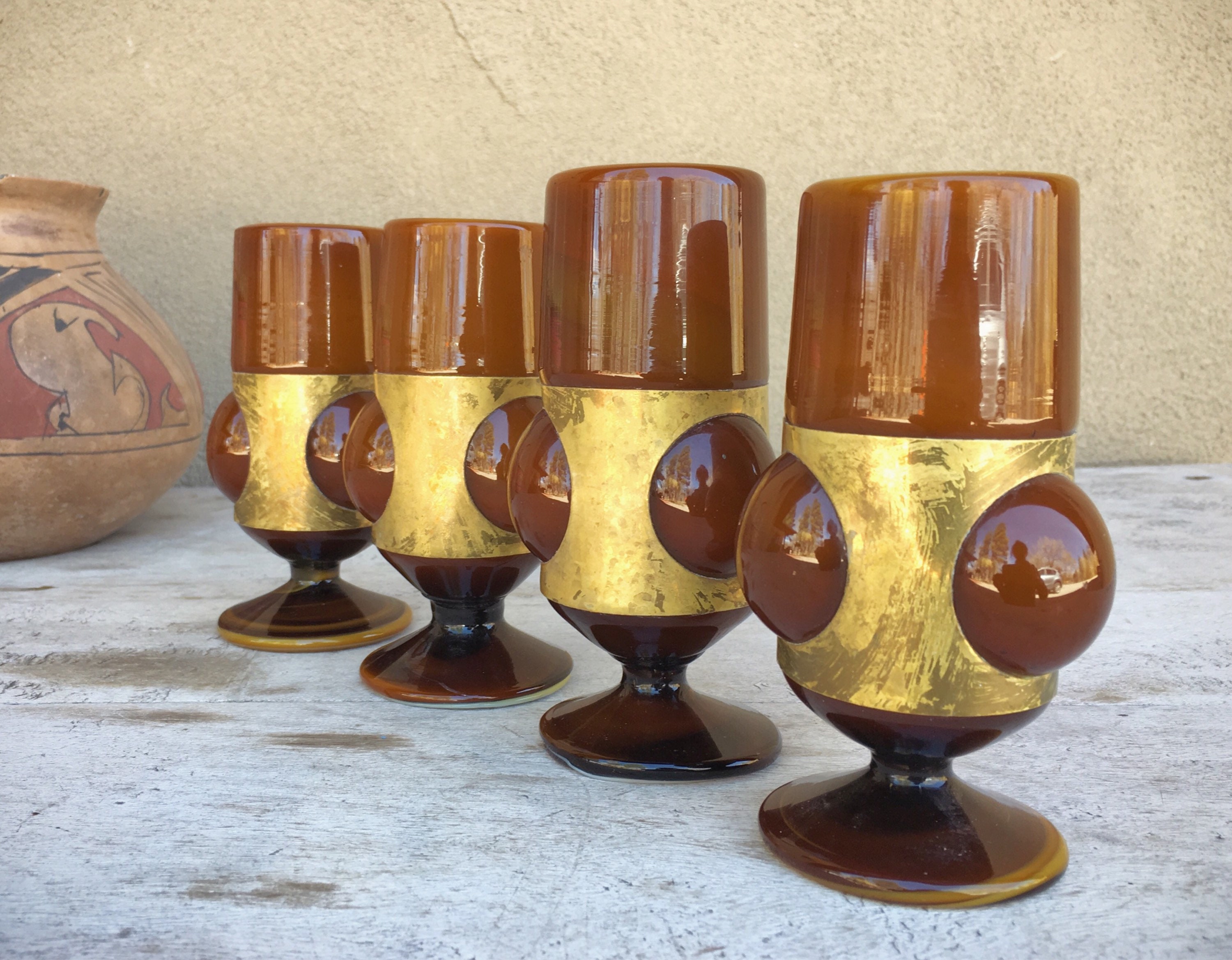 Set of Four Hand Blown Caged Glasses Mexican Glassware, Brutalist ...