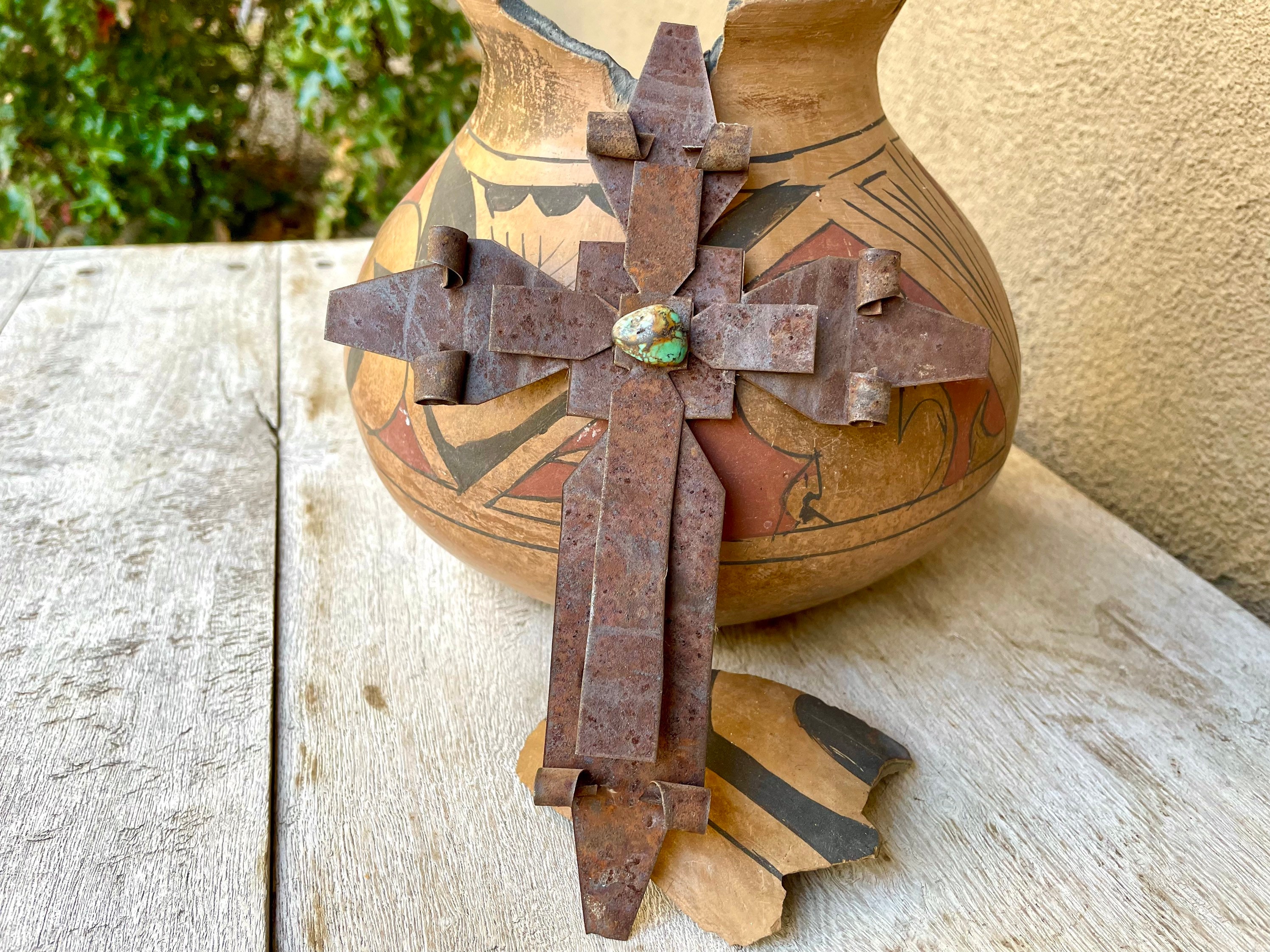 Vintage Old Rusty Tin Cross 8 Tall with Turquoise Stone, Made of ...
