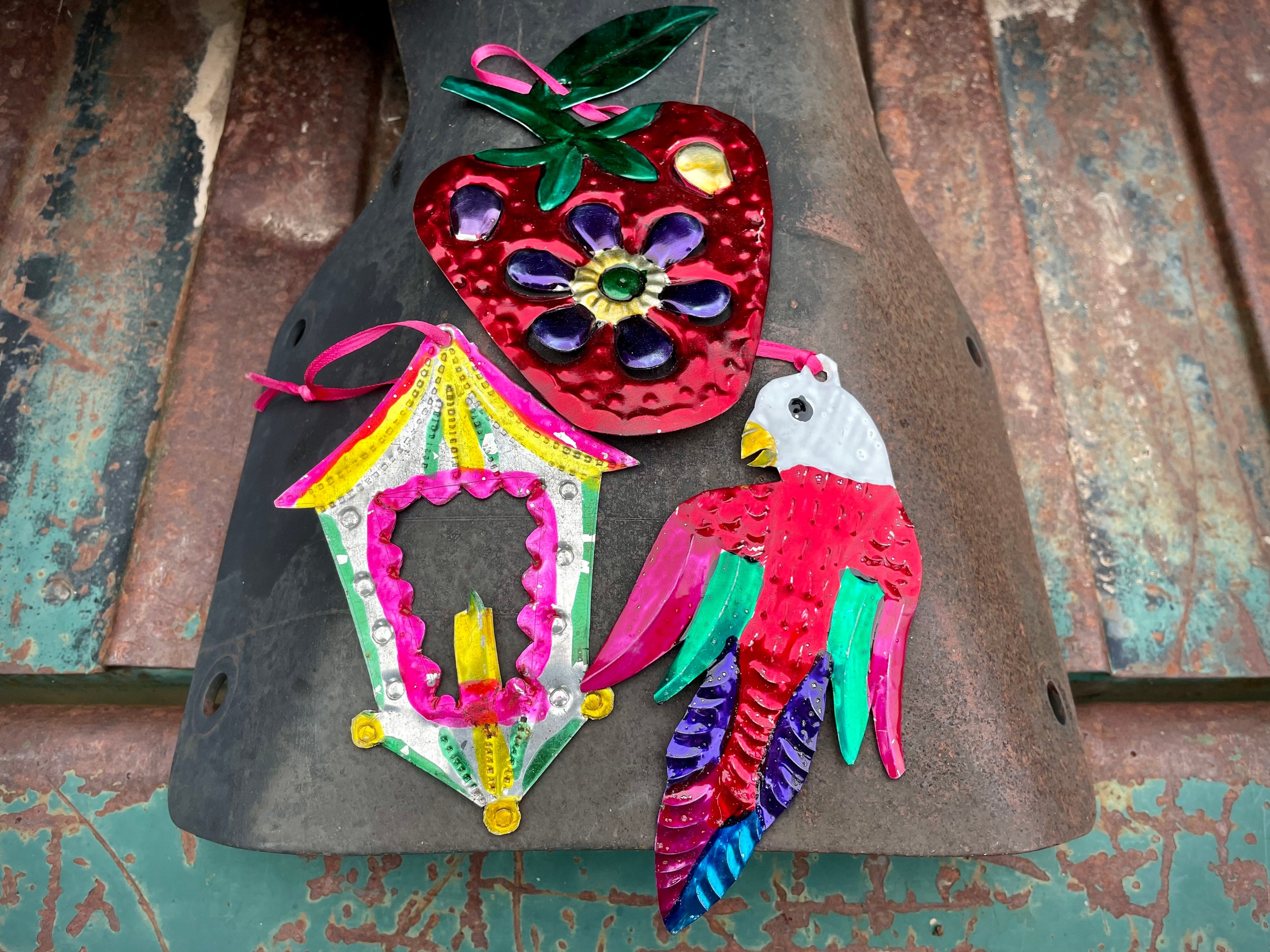 Three Mexican Tin Ornaments for Christmas Tree, Holiday Decorations ...