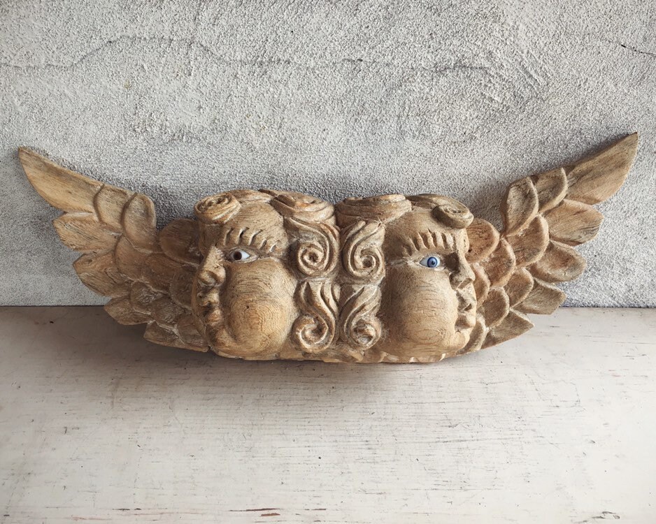 RESERVED FOR LUXE / Vintage Carved Wood Mask Two Angel Baby Cachetones ...