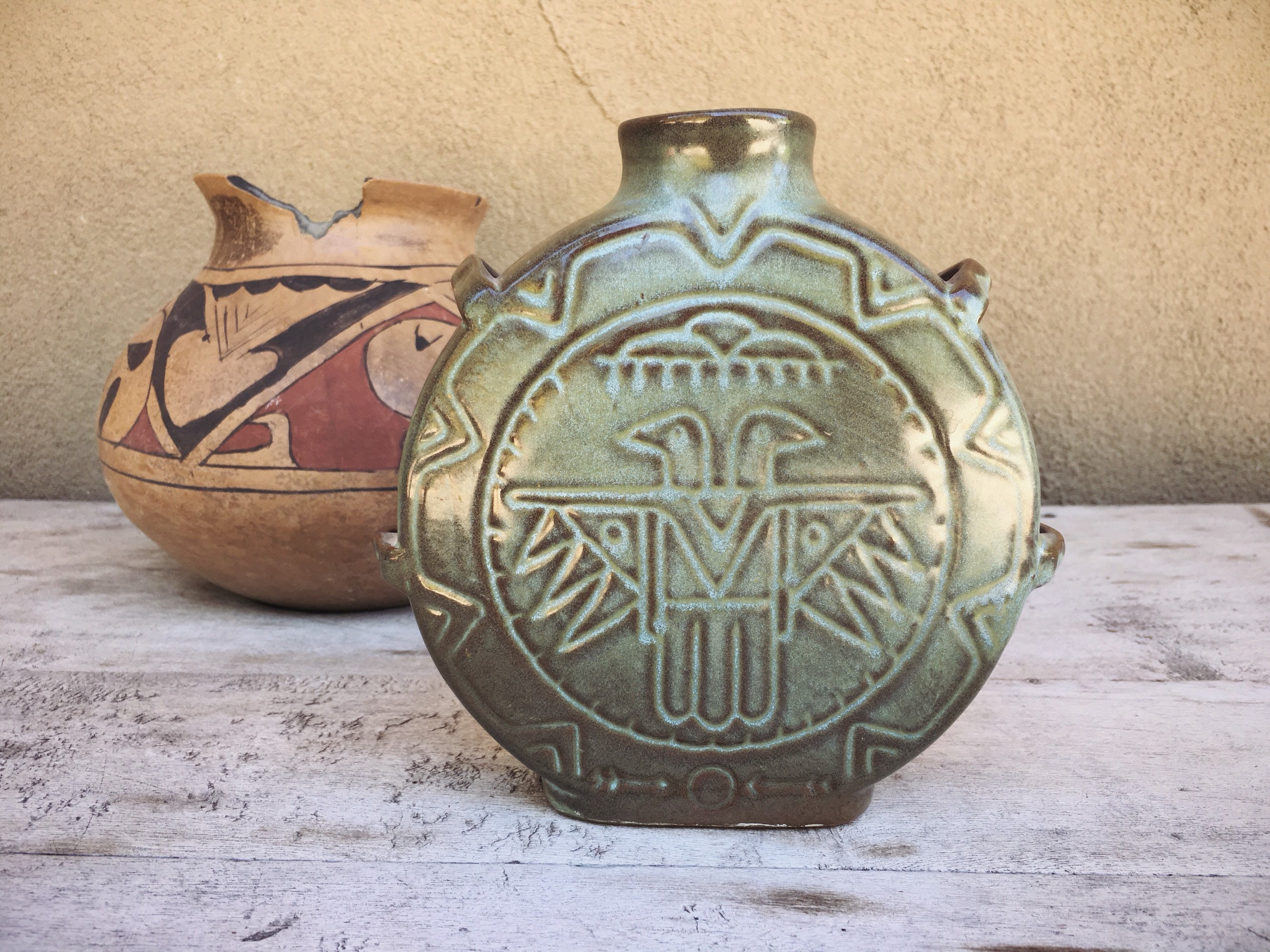 Vintage Frankoma Pottery Thunderbird Canteen Vase Prairie Green ...