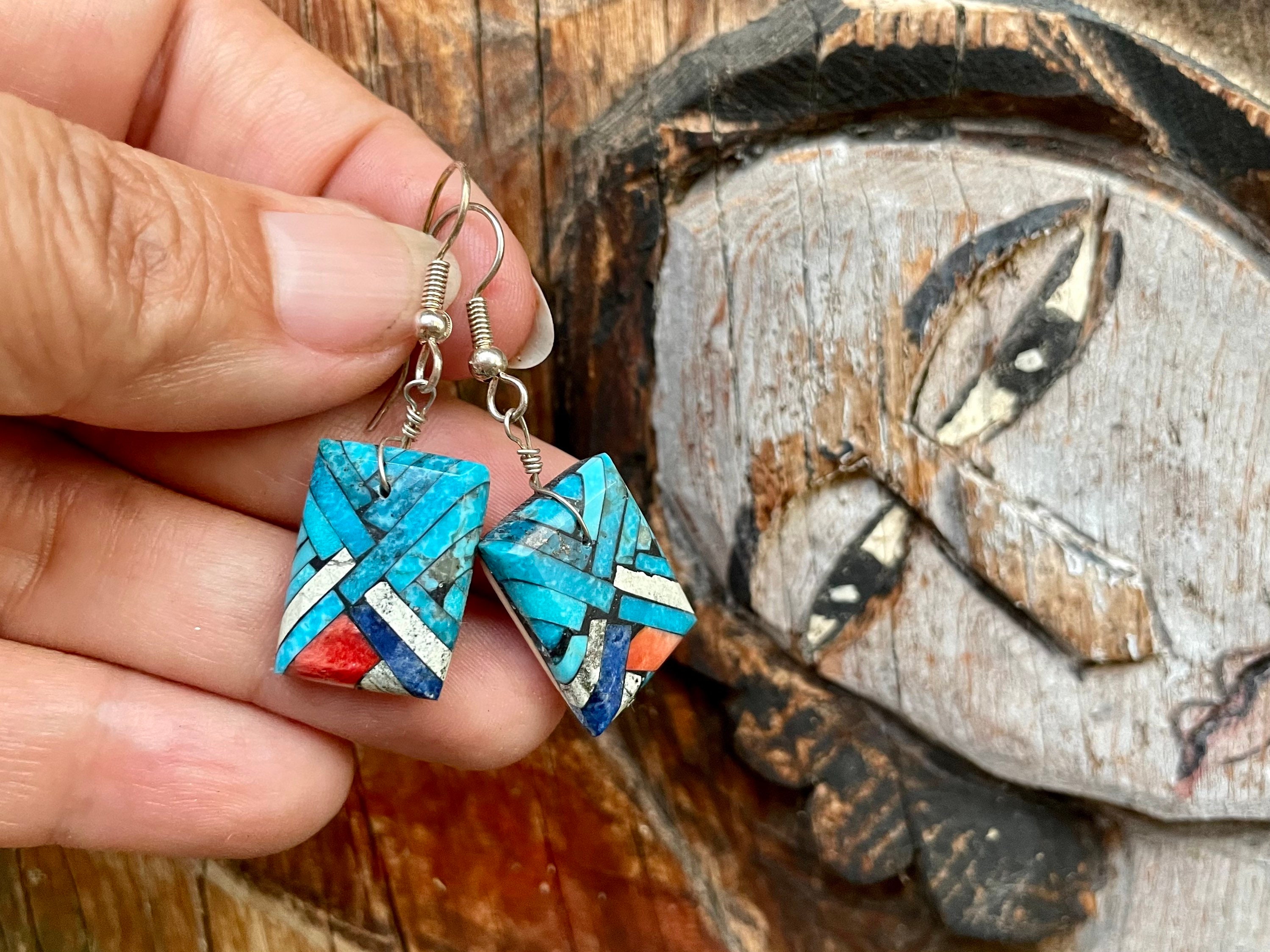 Multi Stone Turquoise Shell Slab Inlay Earrings by Santo Domingo Joe ...