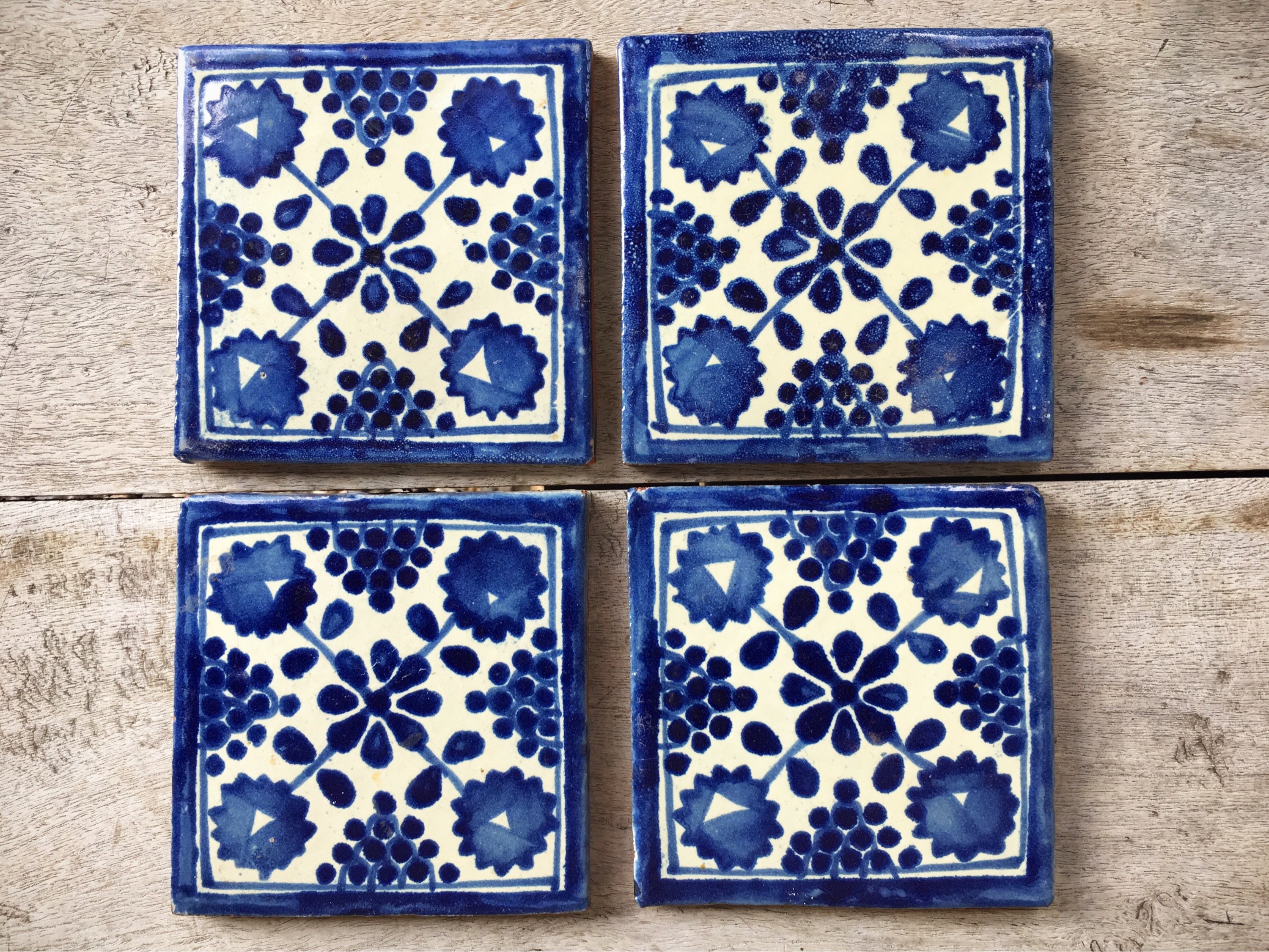 Four Vintage 4 X 4 Mexican Ceramic Tiles Rustic Home Decor Mexican