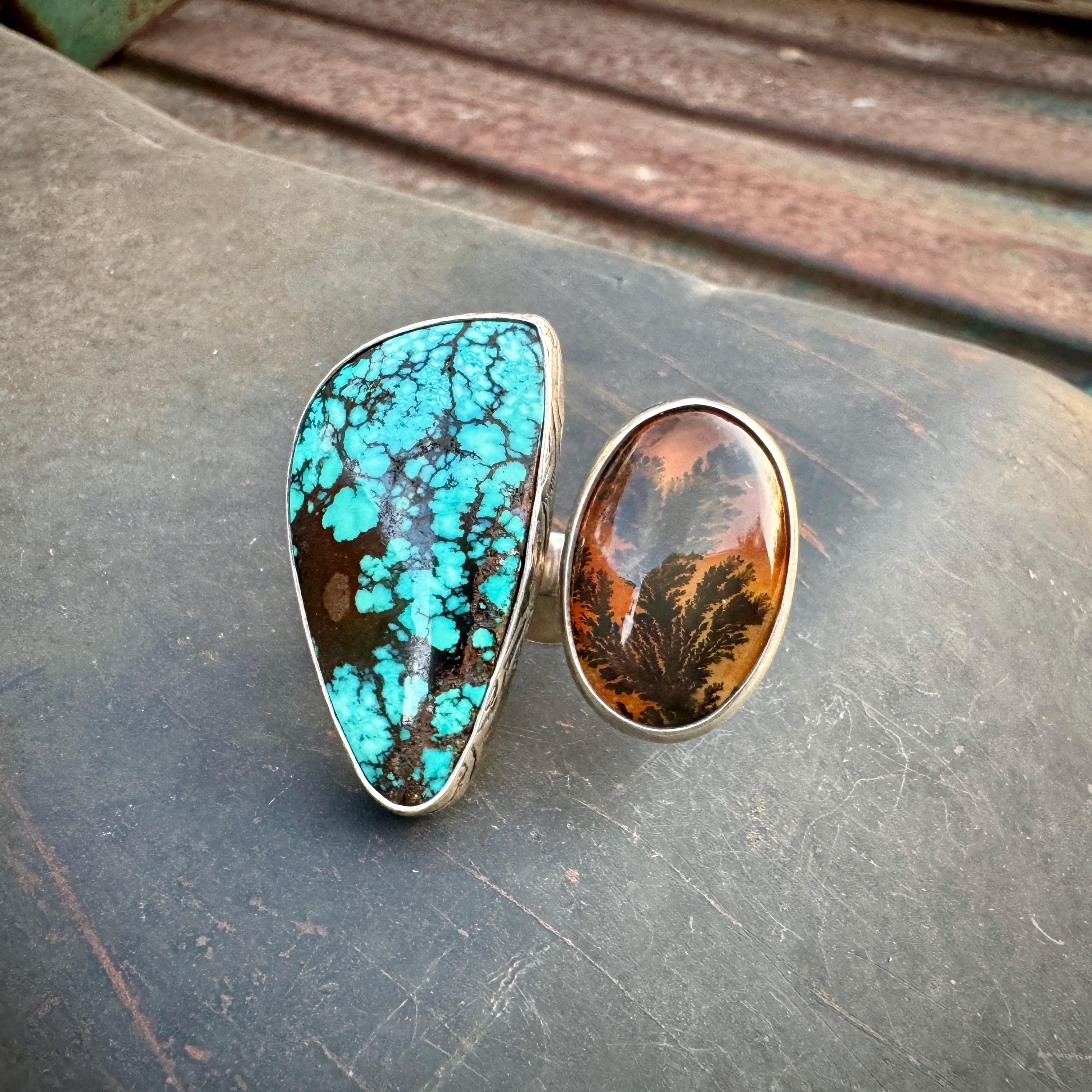 Jennifer Inge Turquoise & Dendritic Agate Sterling Silver Open Ring ...