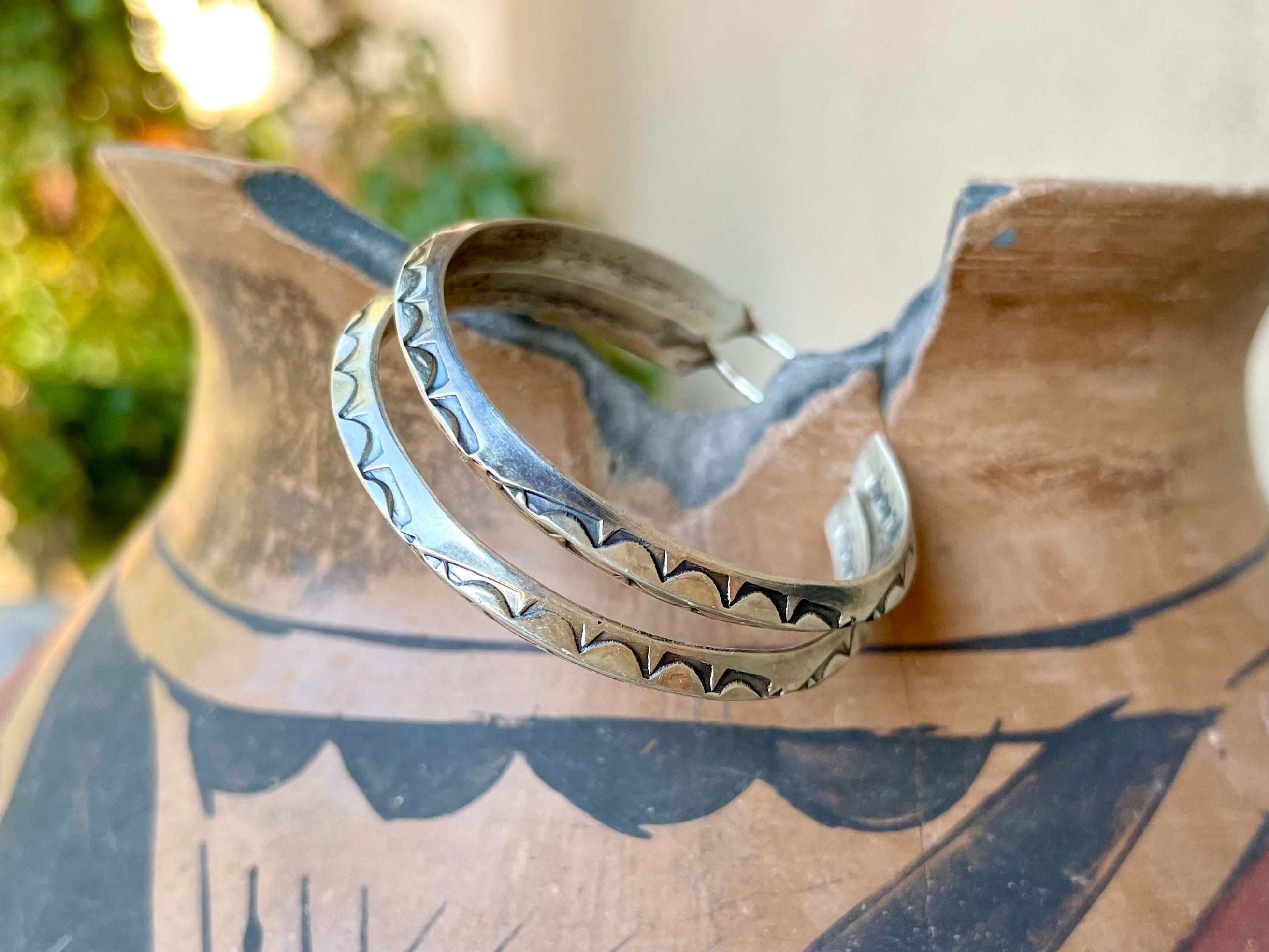 Stamped Sterling Silver Hoop Earrings by Navajo Ben Tahe, Medium Size ...
