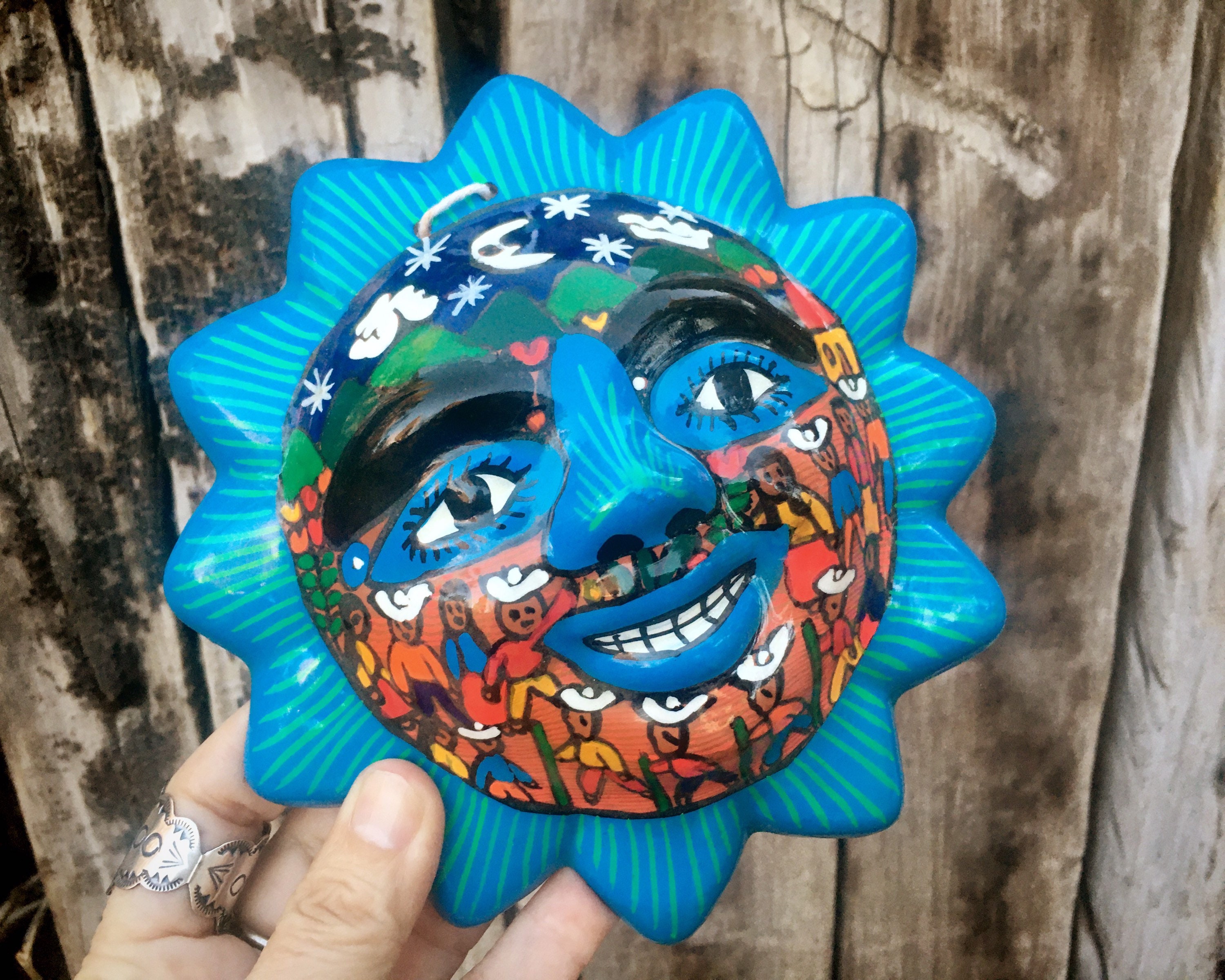 Colorful Blue Sun Face Guerrero Pottery Wall Hanging, Mexican Folk Art ...