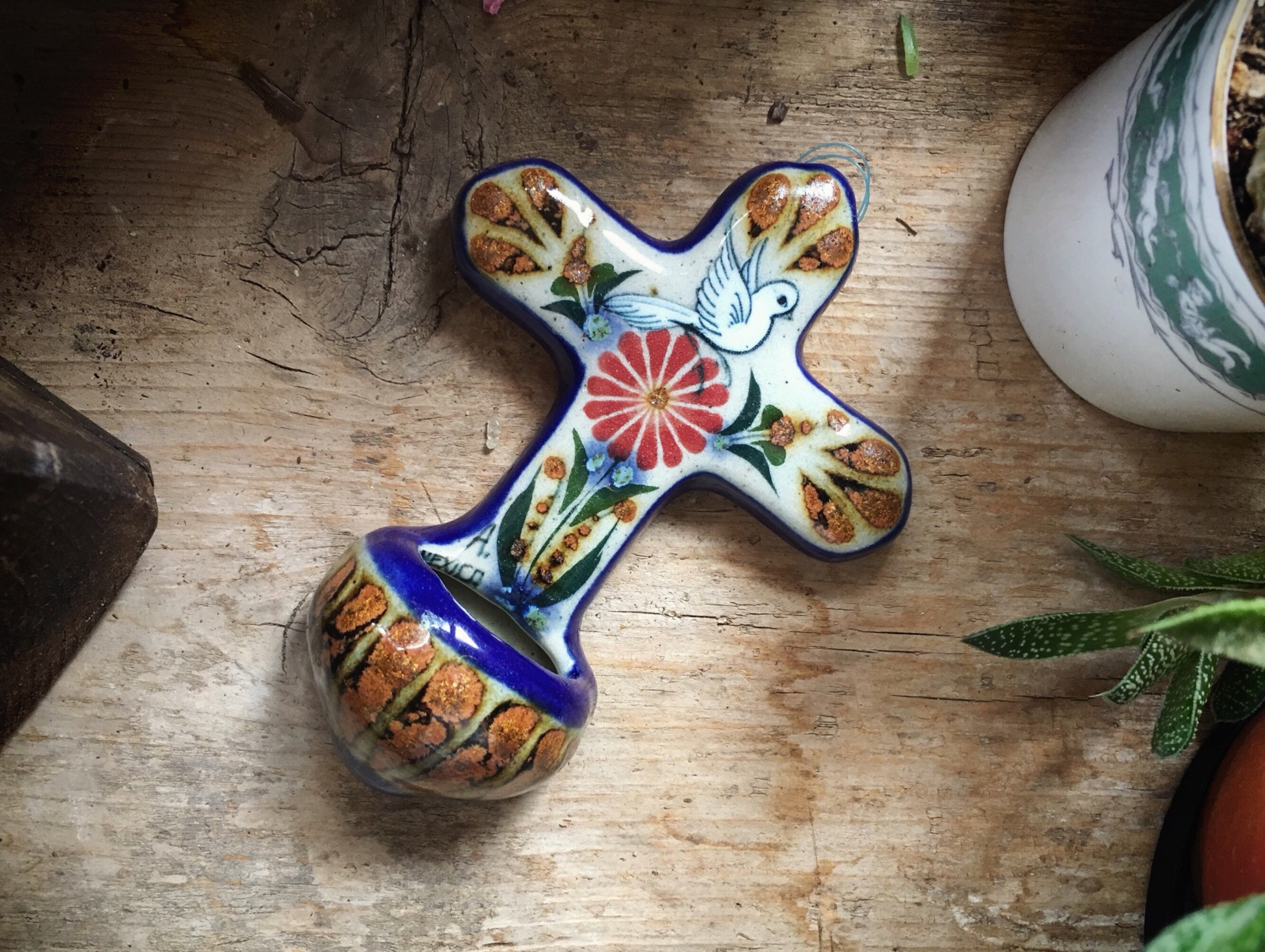 Miniature Tonala Pottery Cross Wall Hanging Holy Water Font, Mexican Decor