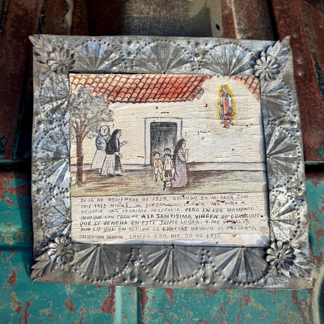 1937 Mexican Ex Voto Virgin of Guadalupe Painting on Paper, Cracked ...