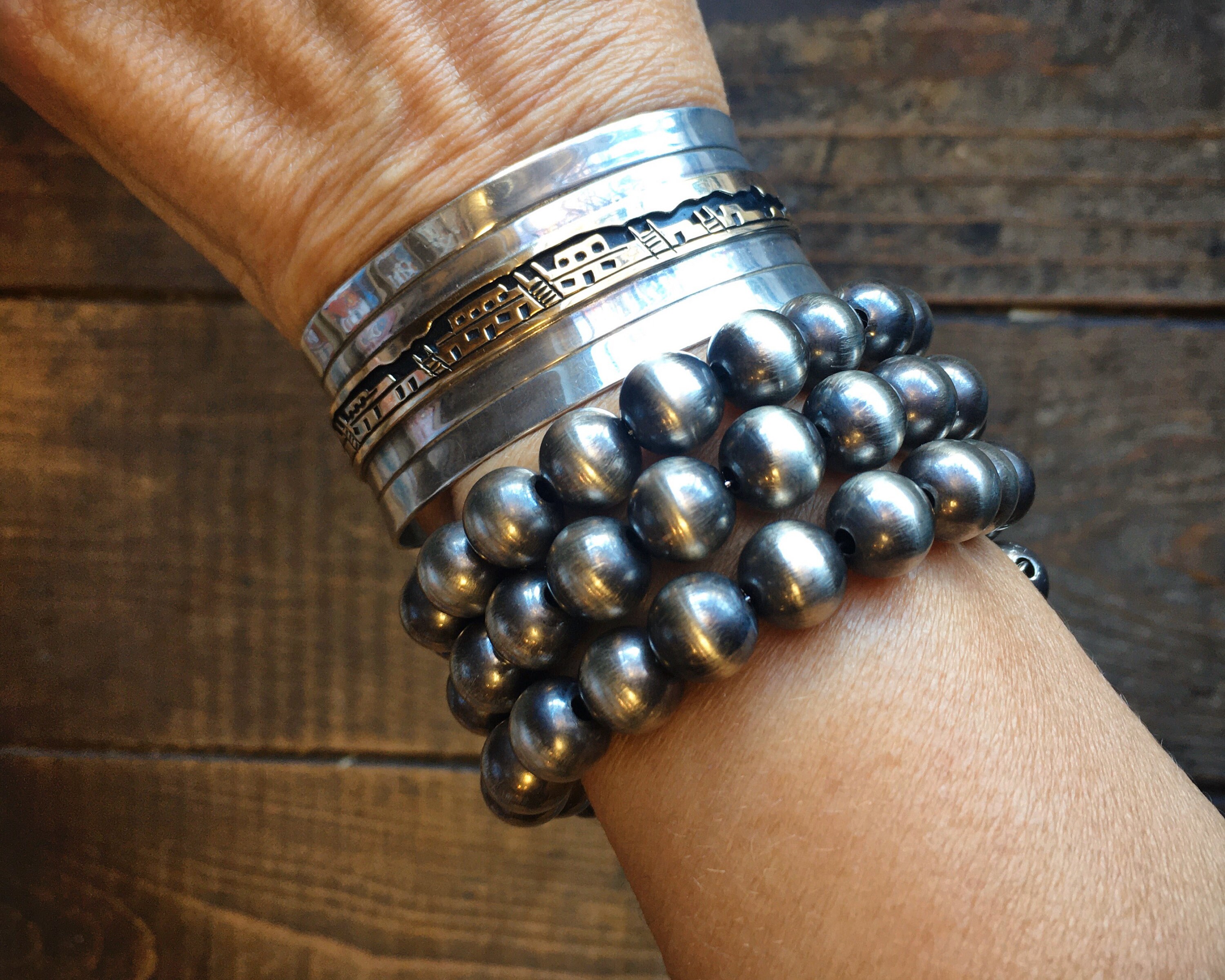 Navajo Leonard Nez Sterling Silver 14K Gold Story Cuff Bracelet, Native ...