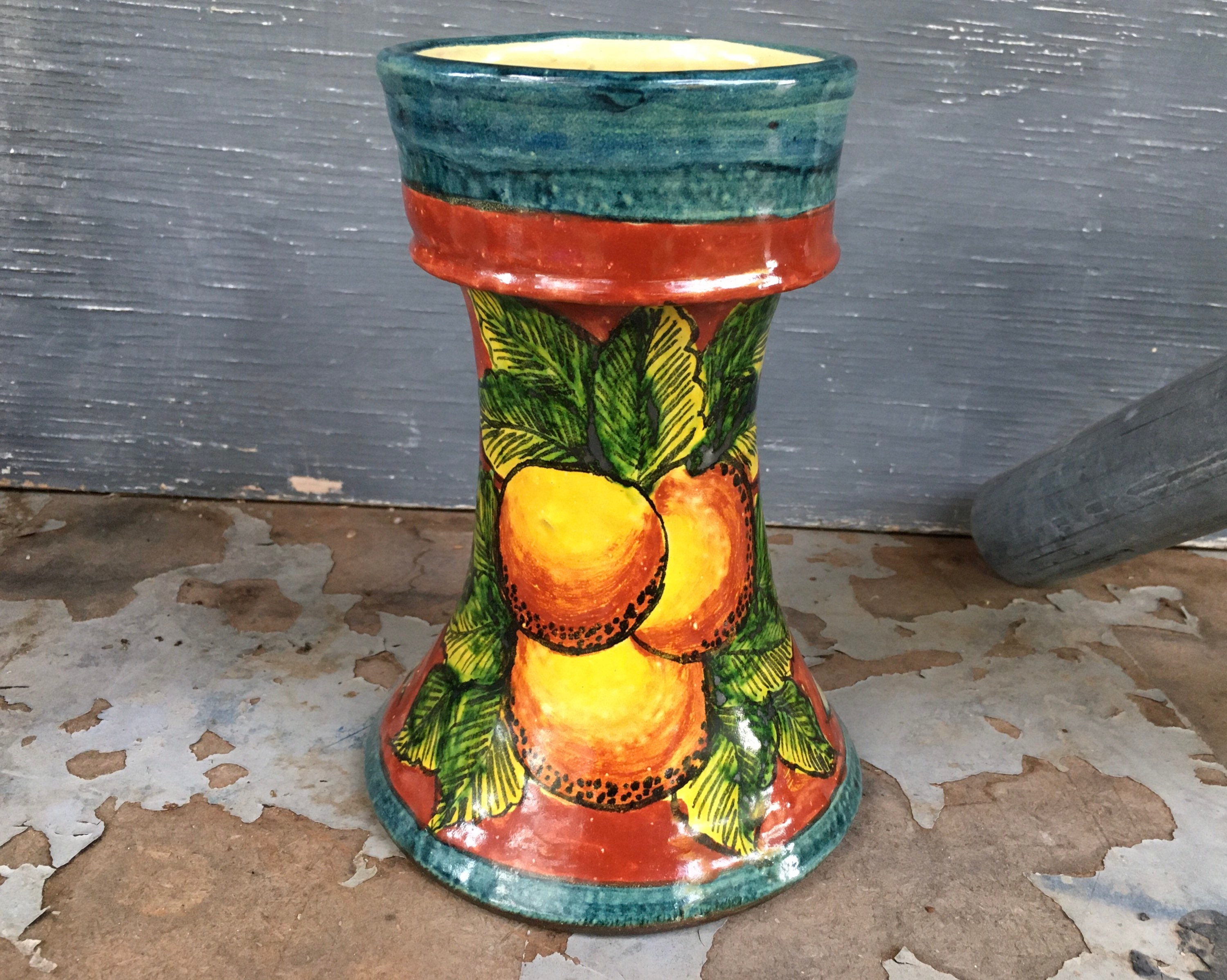 Vintage Mexican Pottery Fruit Design Pillar Candle Holder, Santa Rosa ...
