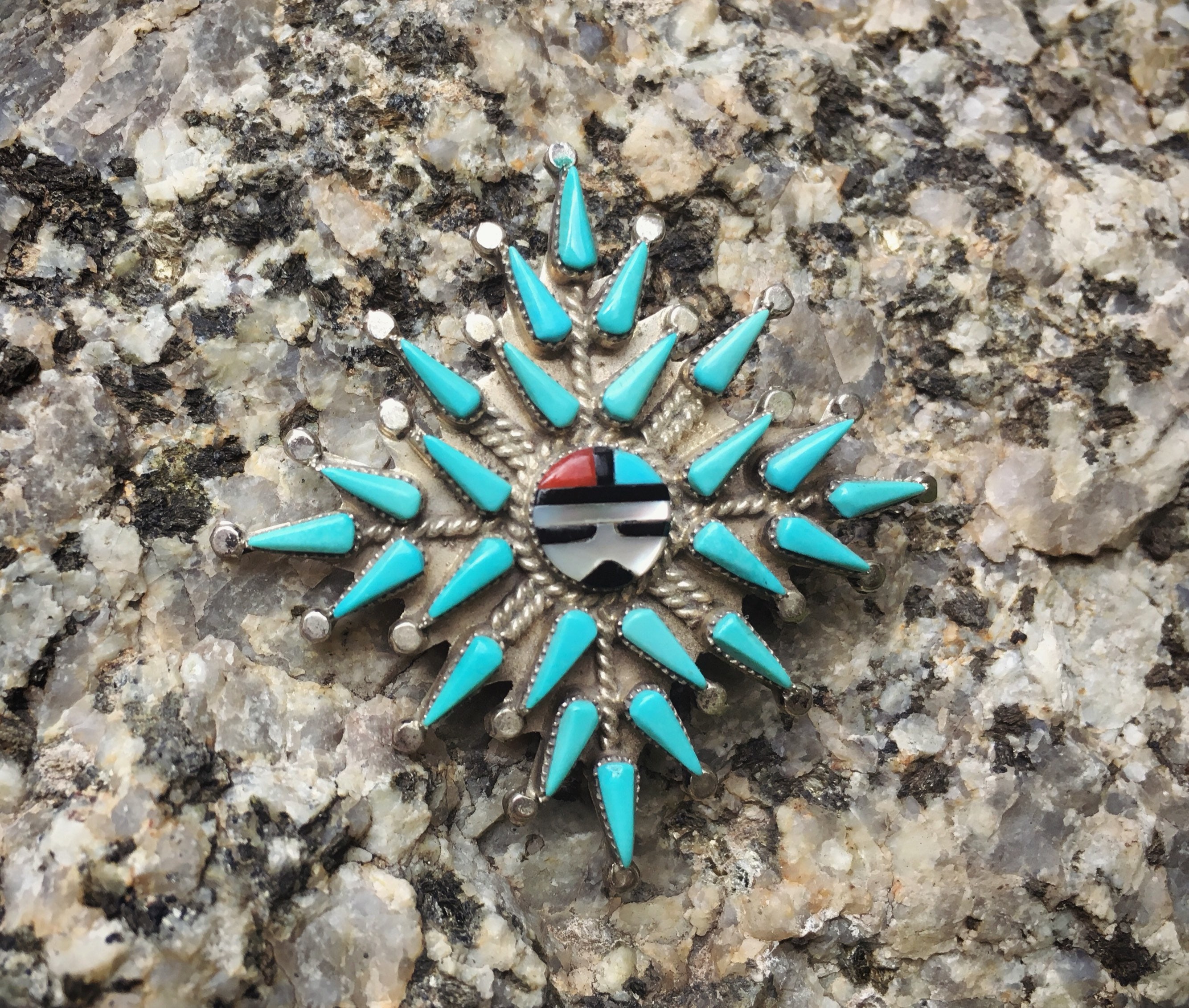 Signed Zuni Pendant Necklace Brooch with Sunface and Turquoise Petit ...