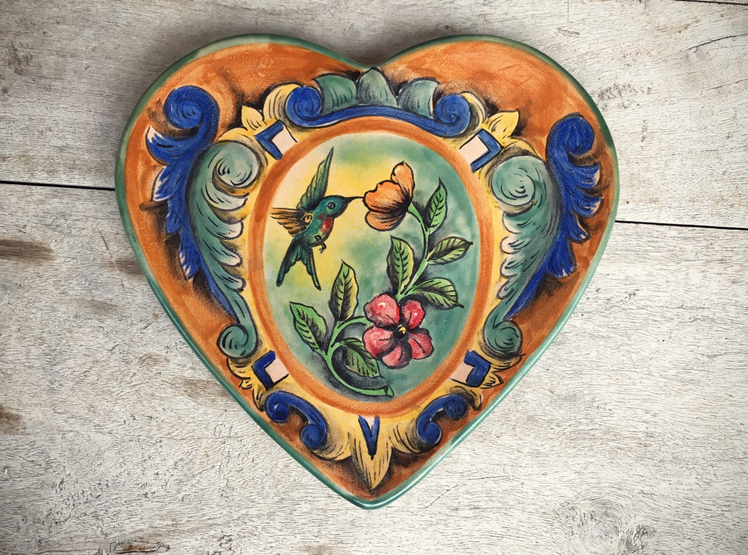 Vintage 10 Mexican pottery heart plate with hummingbird, heart plate ...
