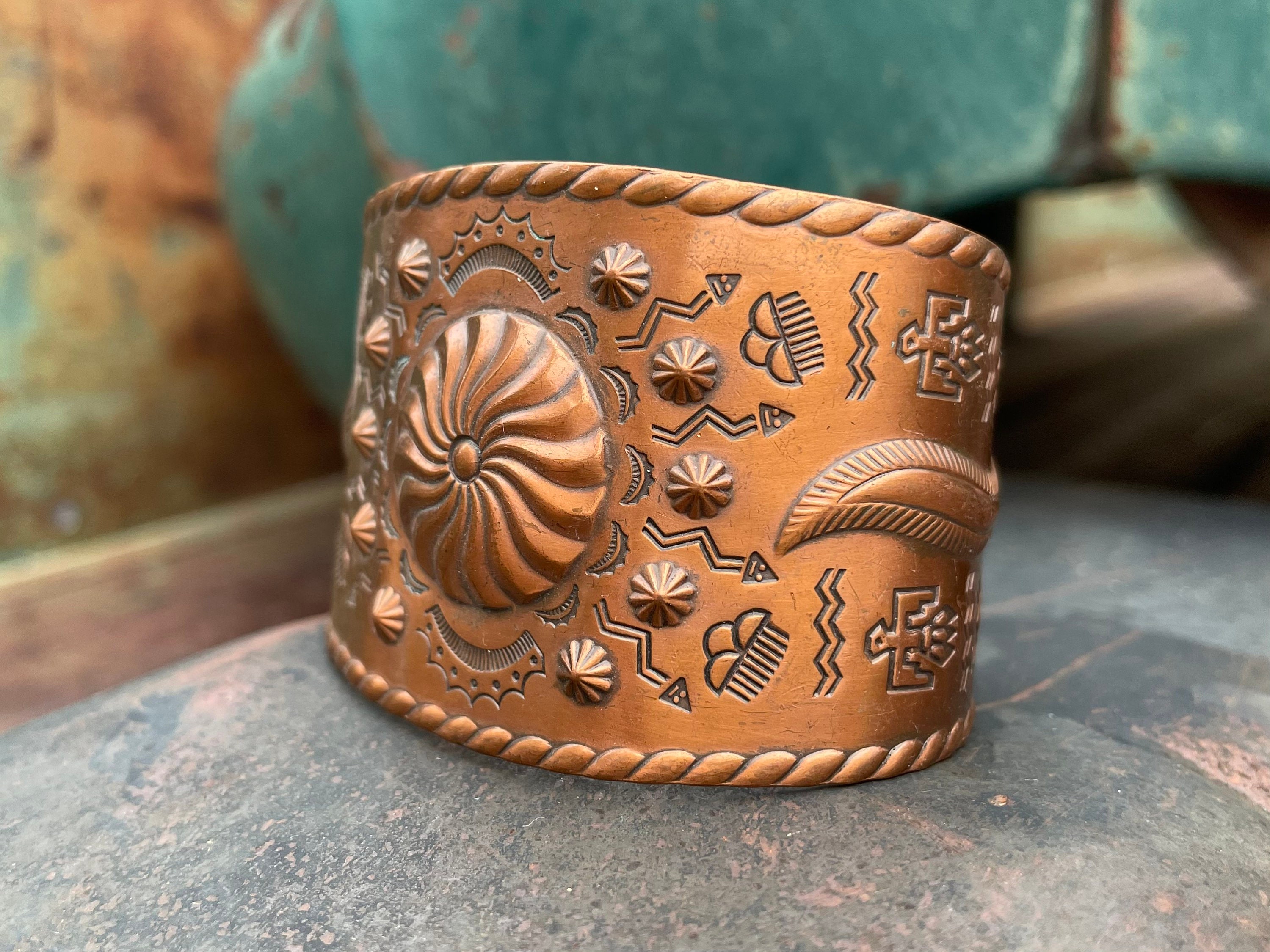 Vintage Bell Trading Stamped Copper Bracelet w/ Fred Harvey Era Symbols ...