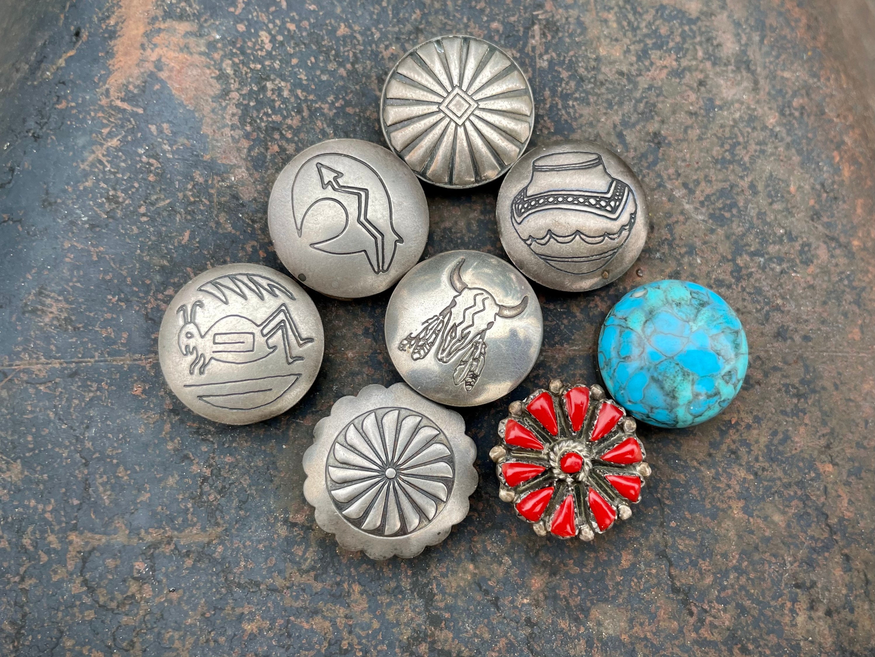 Eight Mismatched Silver Button Covers (One Zuni Coral), Native American ...
