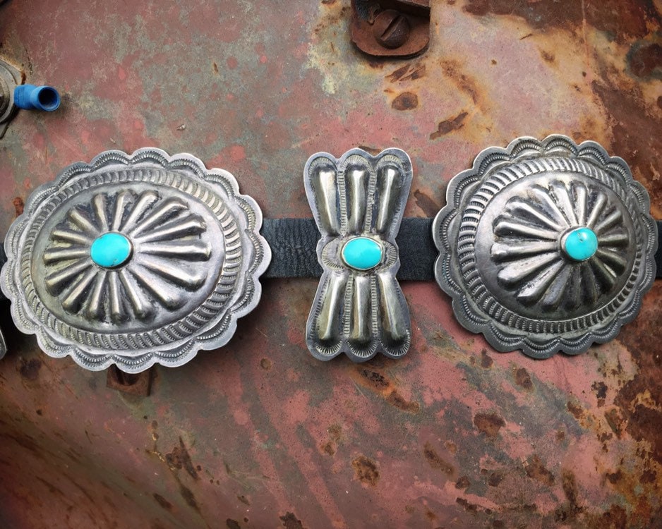 1940s 238g Navajo Silver Repousse Concho Belt on Thin Black Leather ...