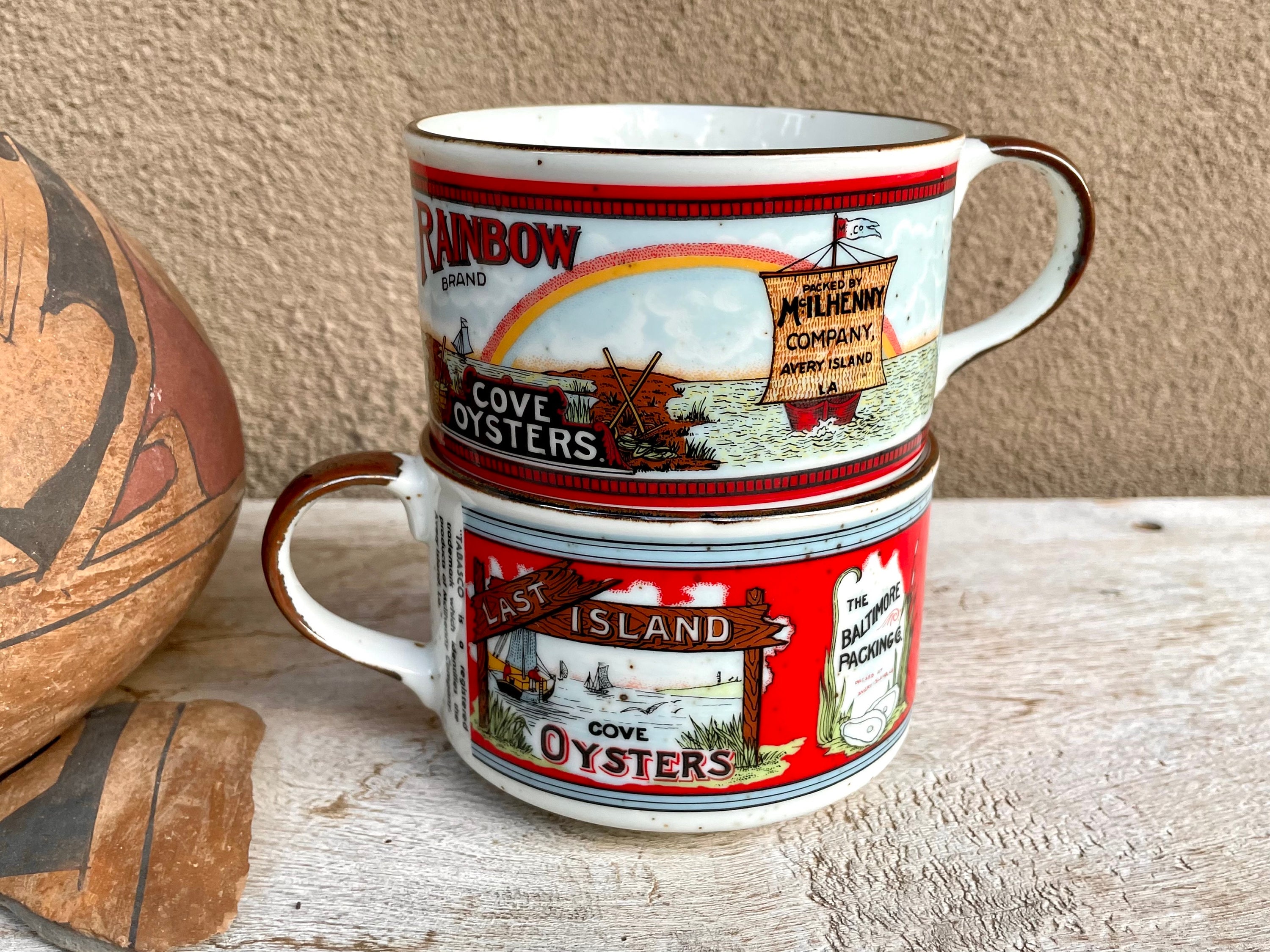 Two Vintage Fabled Labels Gumbo Soup Mugs DH Holmes Tabasco Oyster ...