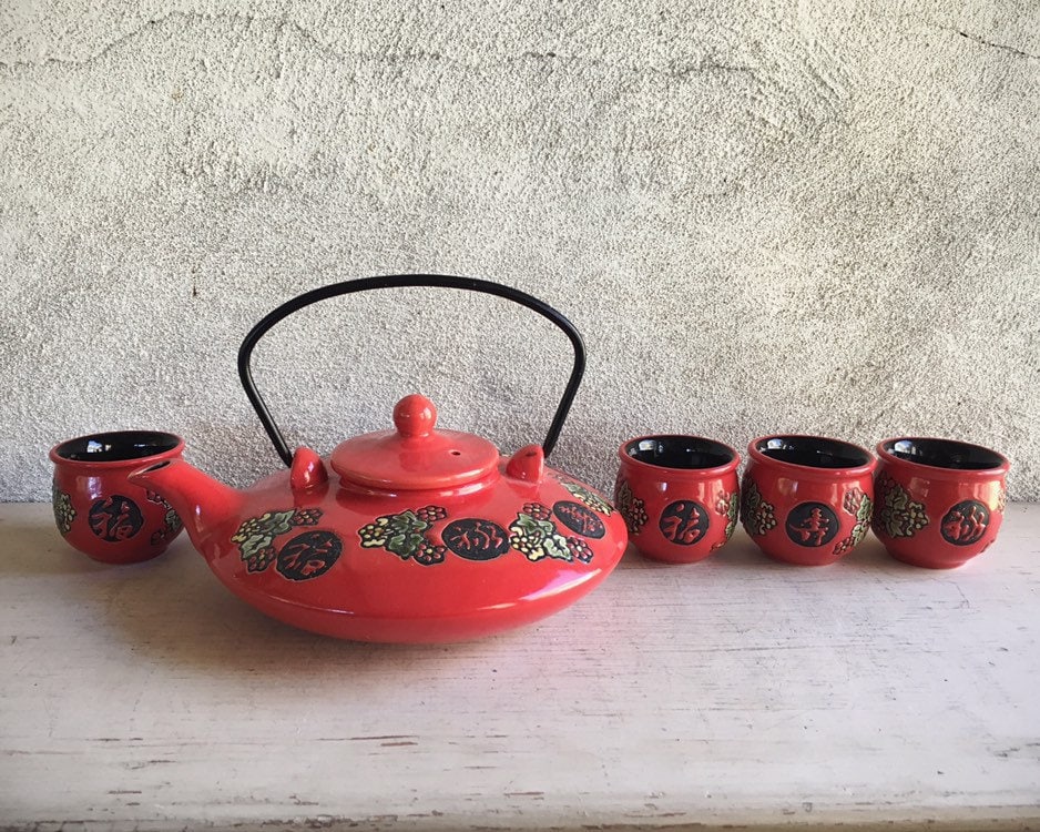 Vintage Red Black Tea Pot Decorative Asia Tea Set, Chinoiserie Decor ...