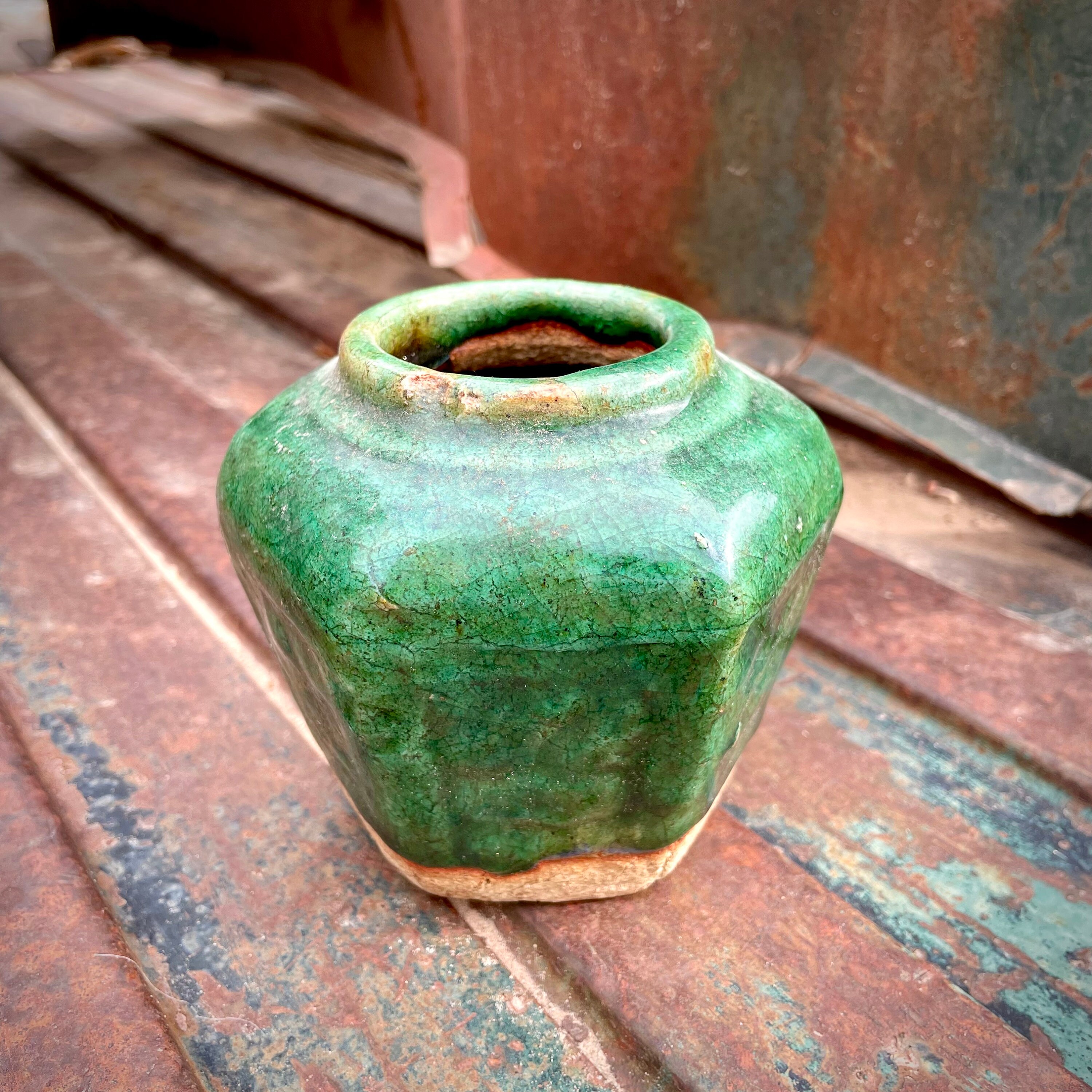 Small Vintage Chinese Shiwan Pottery (Chip at Base) Green Glazed Ginger ...