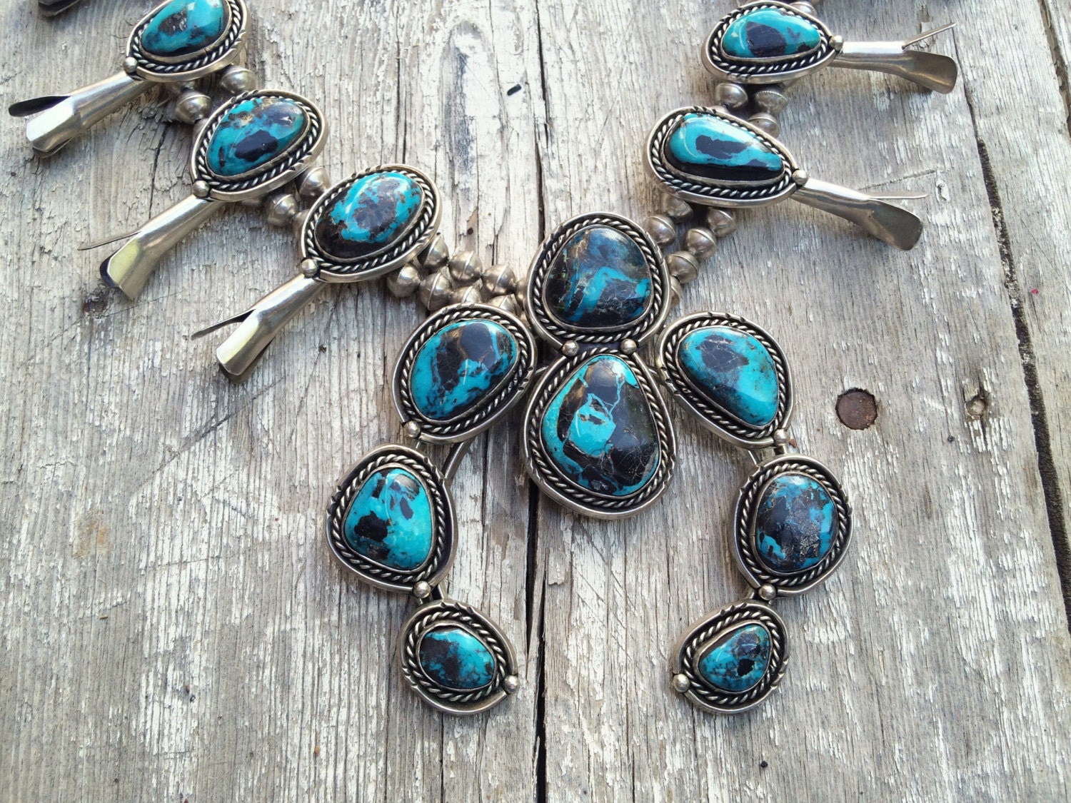 Turquoise squash blossom necklace Blue Diamond Nevada mine Navajo jewelry