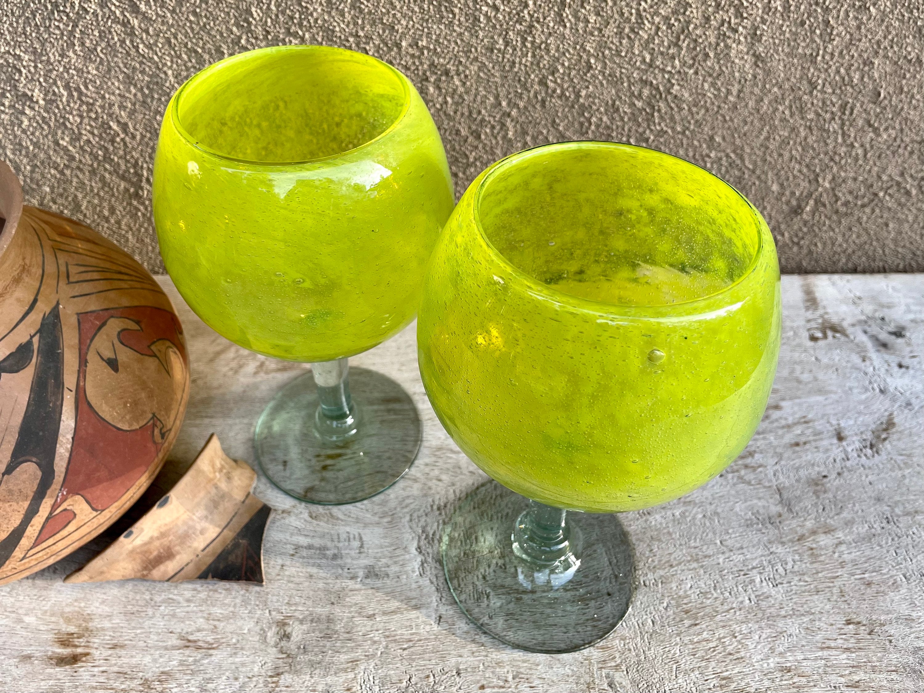 Pair of Vintage Heavy Hand Blown Glass Goblets Yellow Chartreuse Color ...