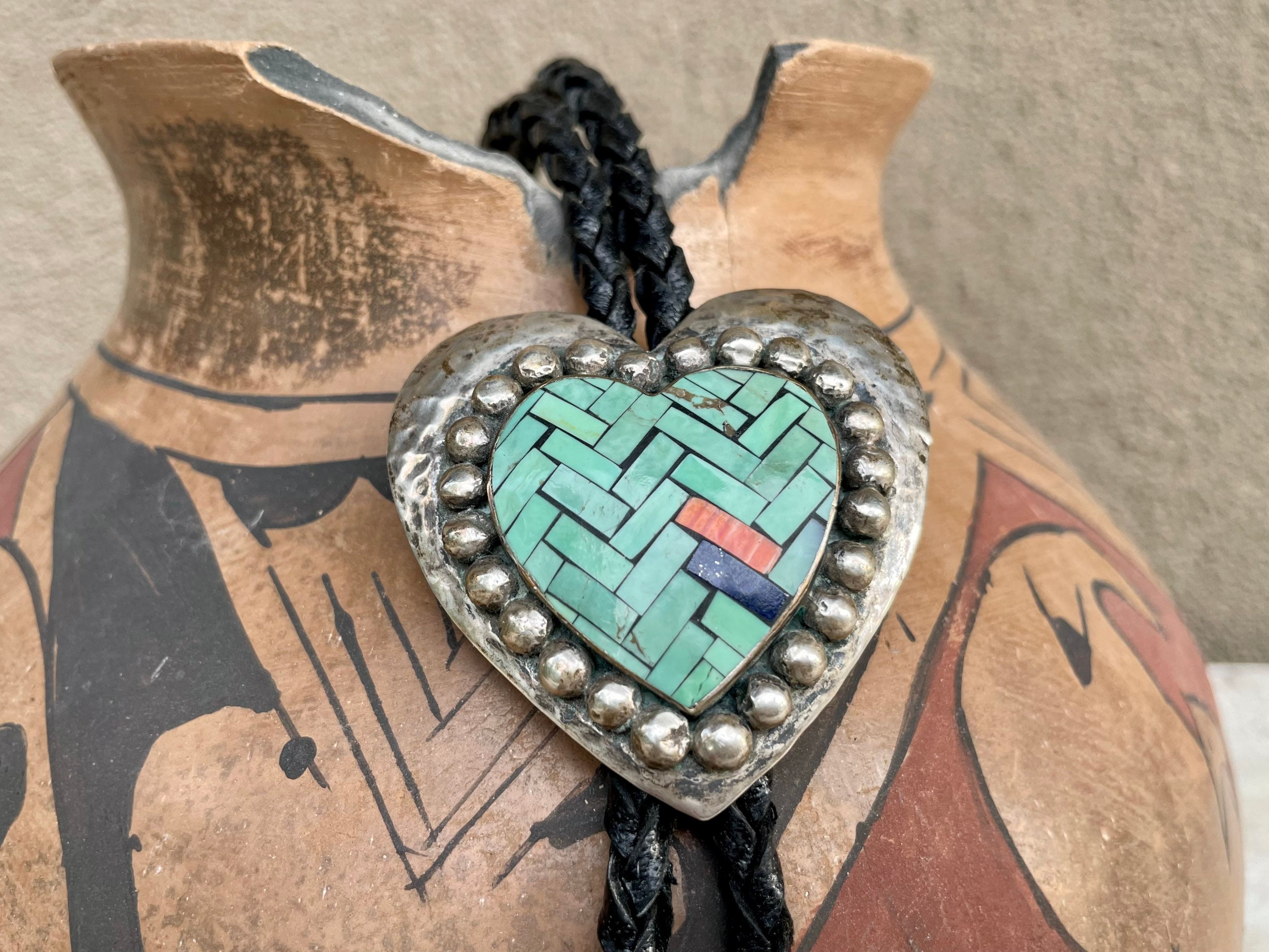 Vintage Heart-Shaped Bolo Tie with Turquoise and Multi-Stone Inlay ...