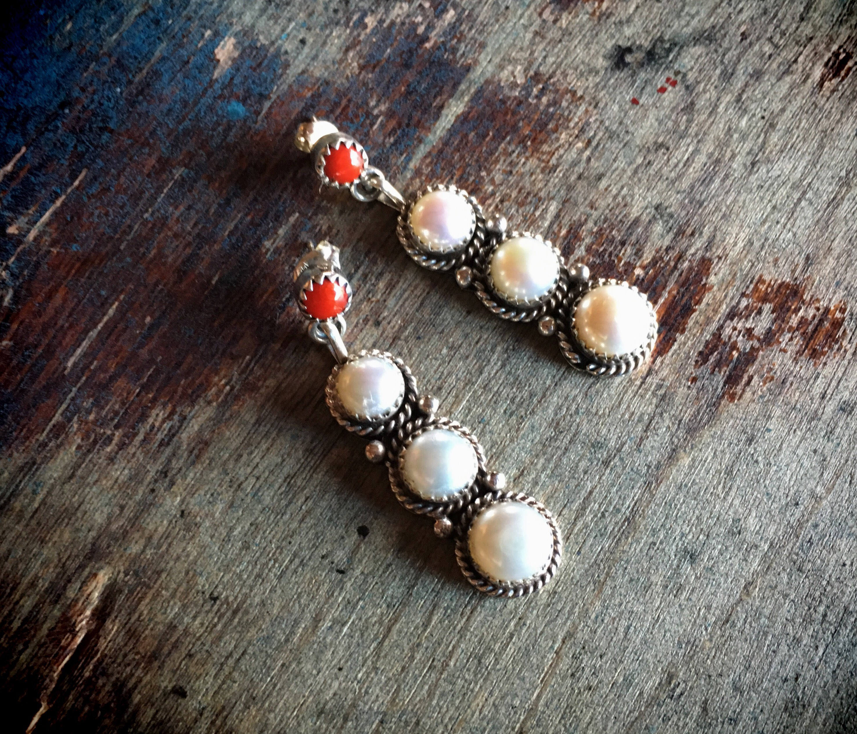 Pearl Earrings with Coral Native American Dangle Earrings, Red and ...