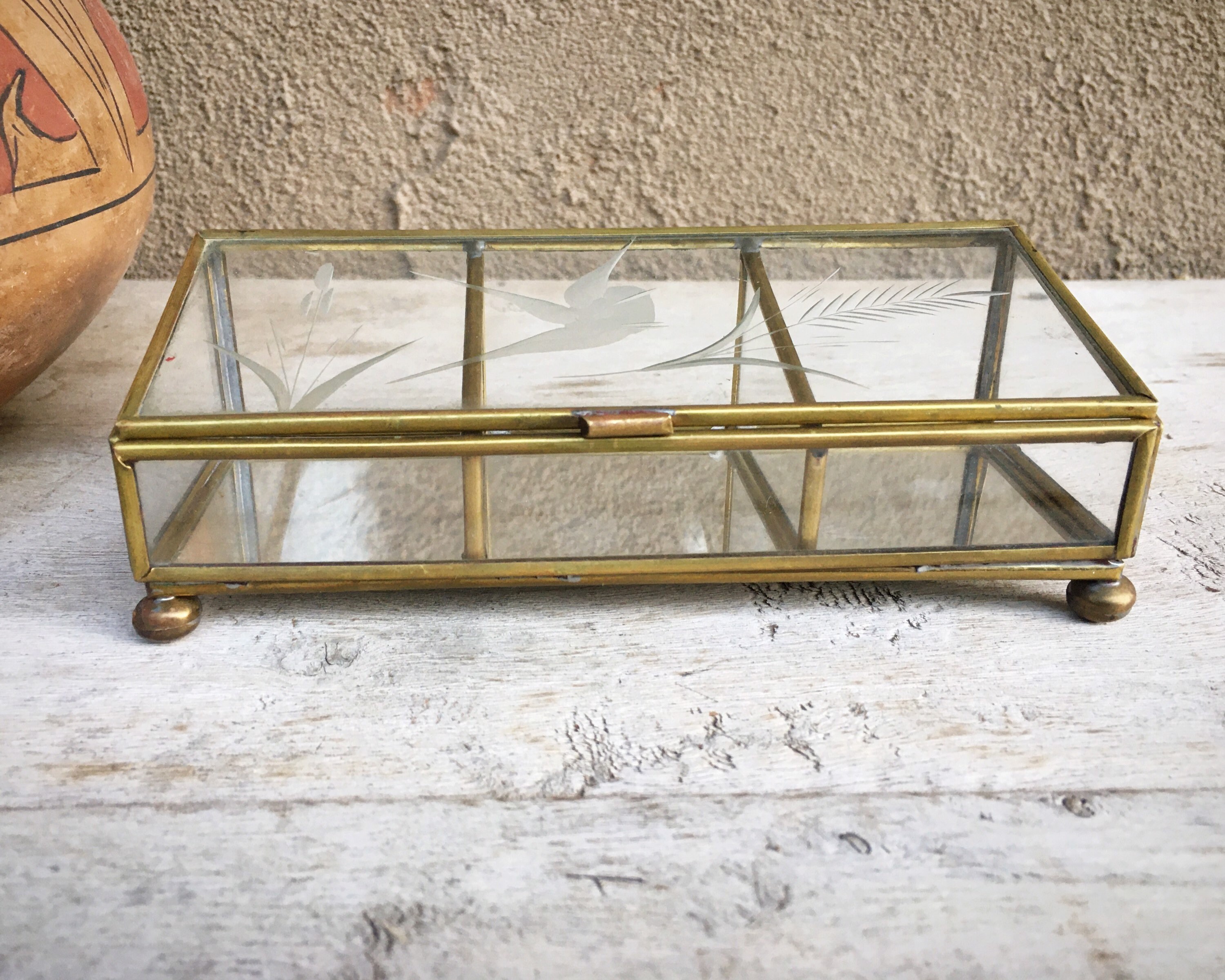 Small Tabletop Brass Etched Glass Box Display Case for Jewelry or ...