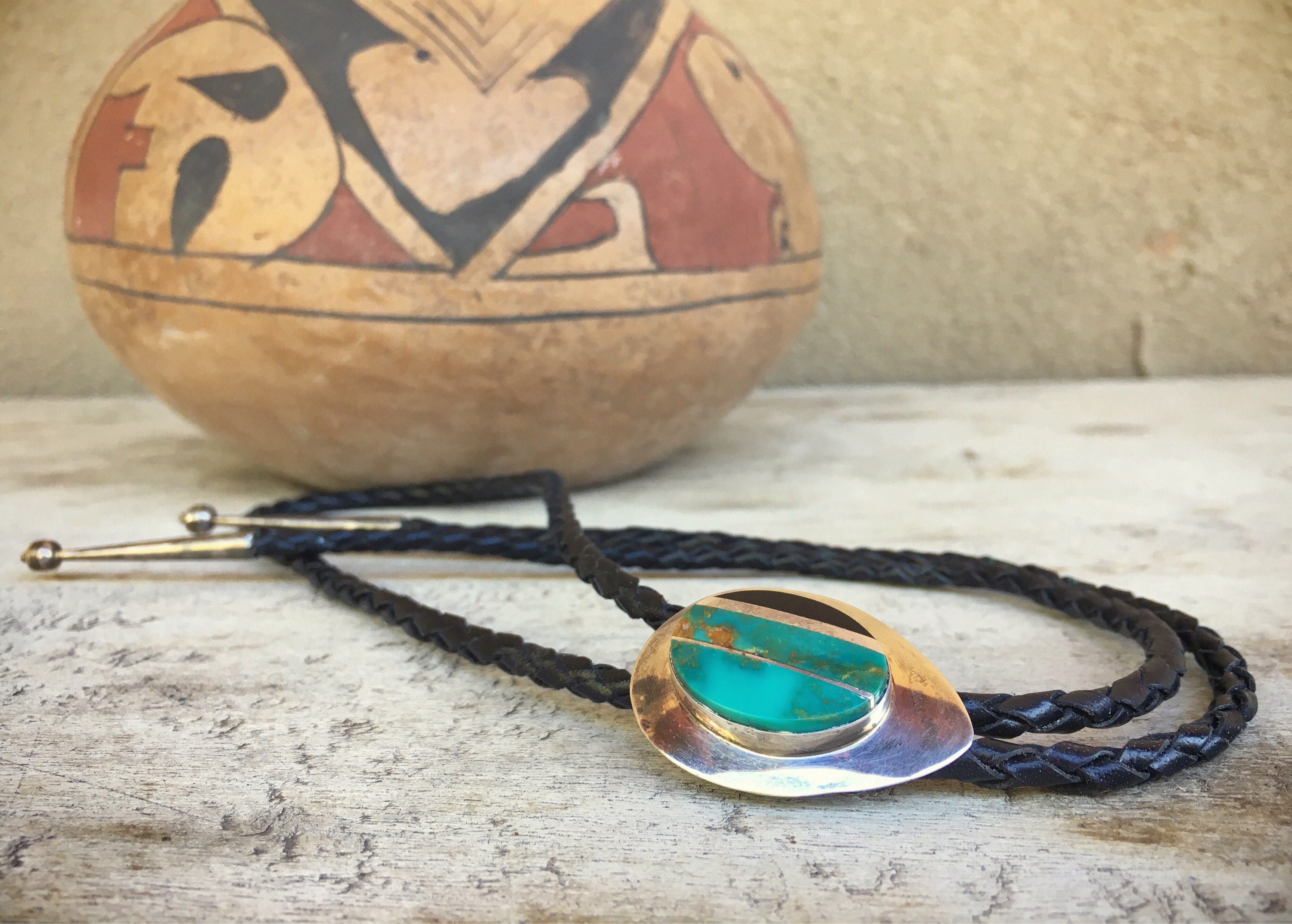 Vintage turquoise bolo tie channel inlay with black onyx Native ...