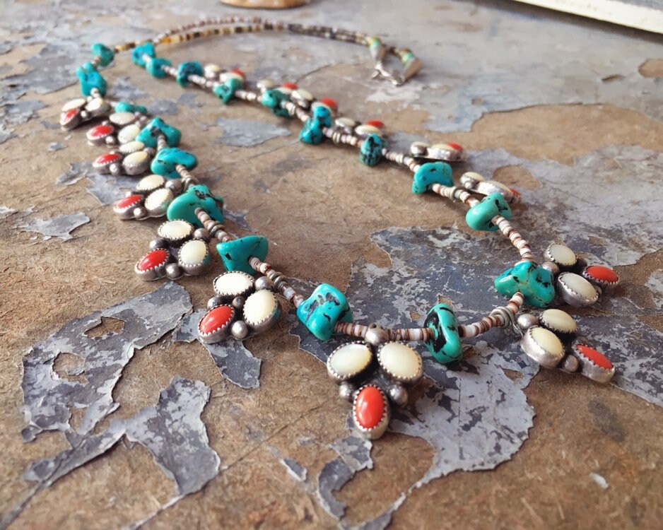 Vintage Long Native American Indian Necklace with Mother of Pearl Coral ...
