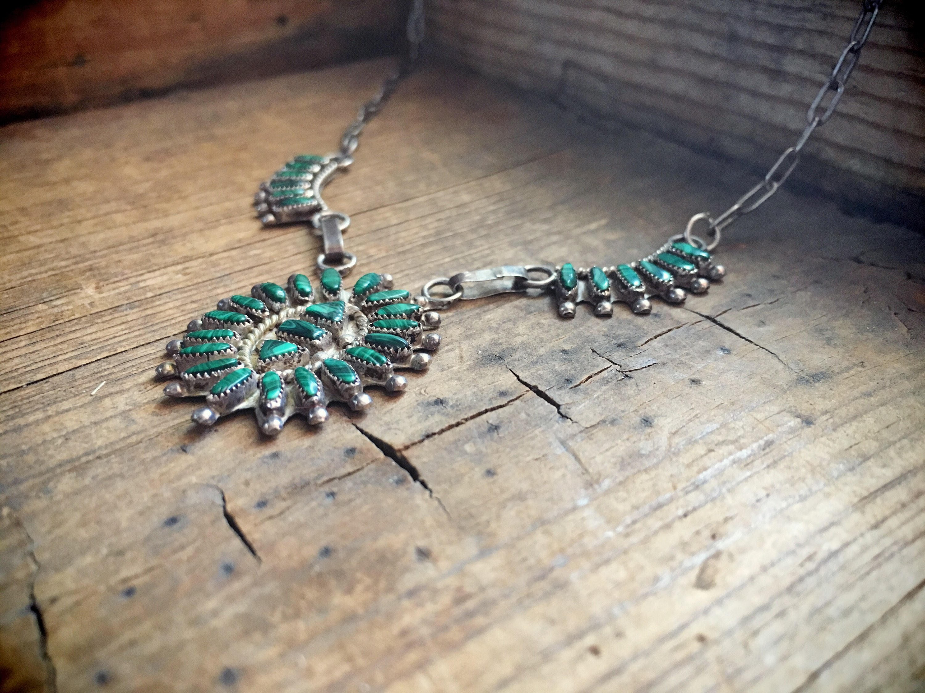 Vintage silver and malachite Zuni petit point necklace with handmade ...