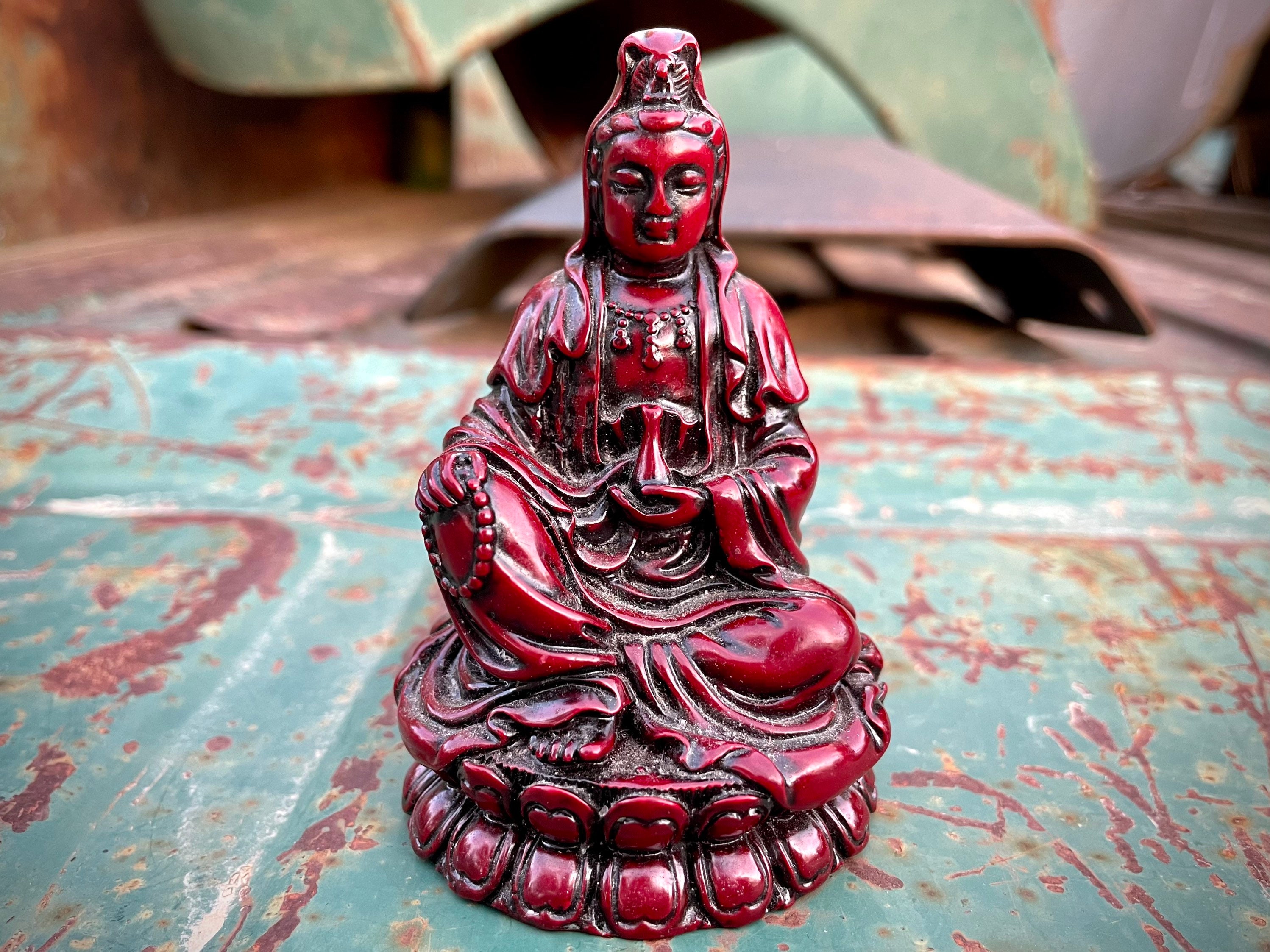 Vintage Kwan Yin Goddess Buddha Figurine in Red Resin, Zen Altar Decor ...
