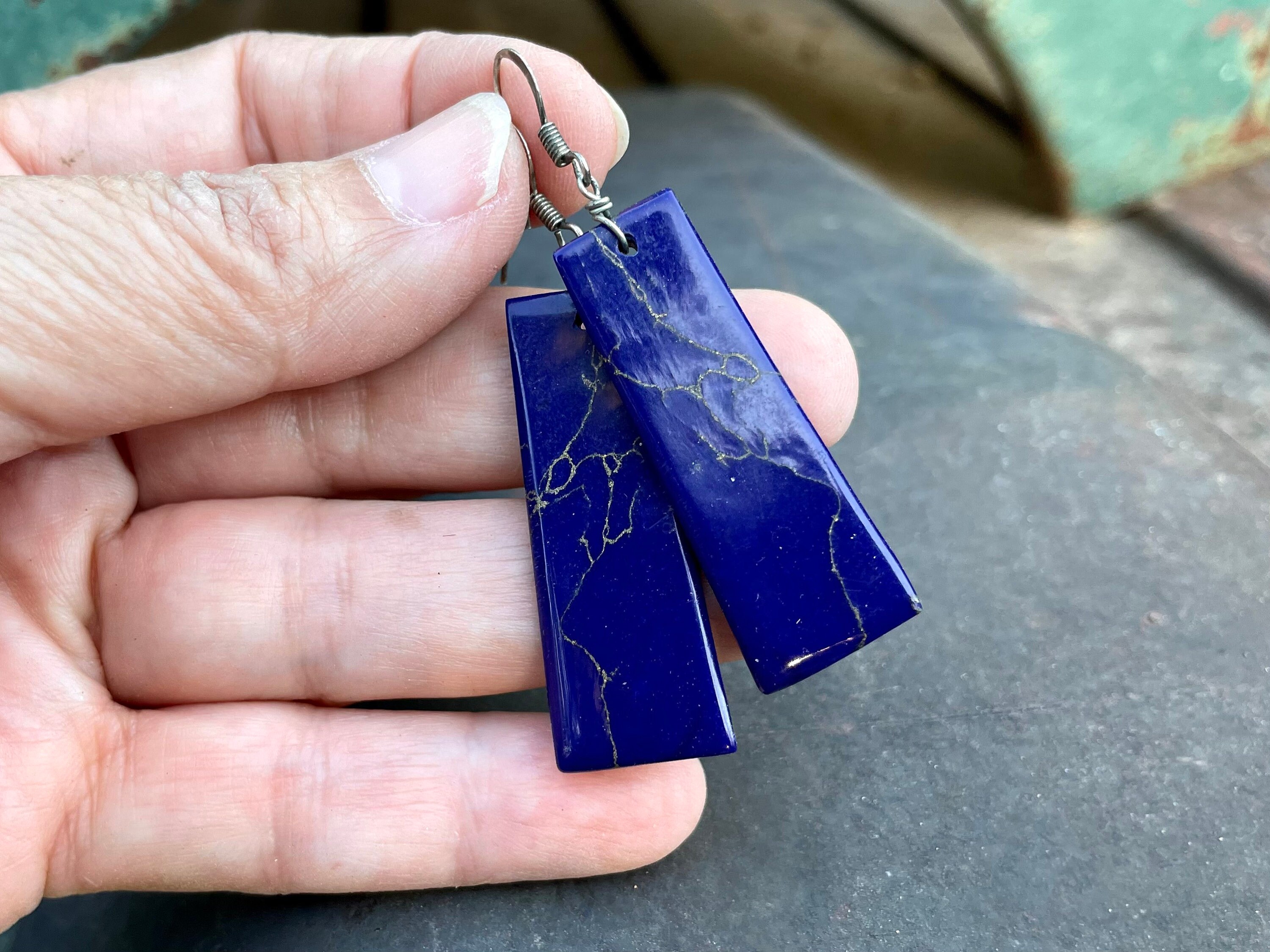Dark Blue Dyed Howlite Slab Earrings, Southwestern Jewelry Santo ...