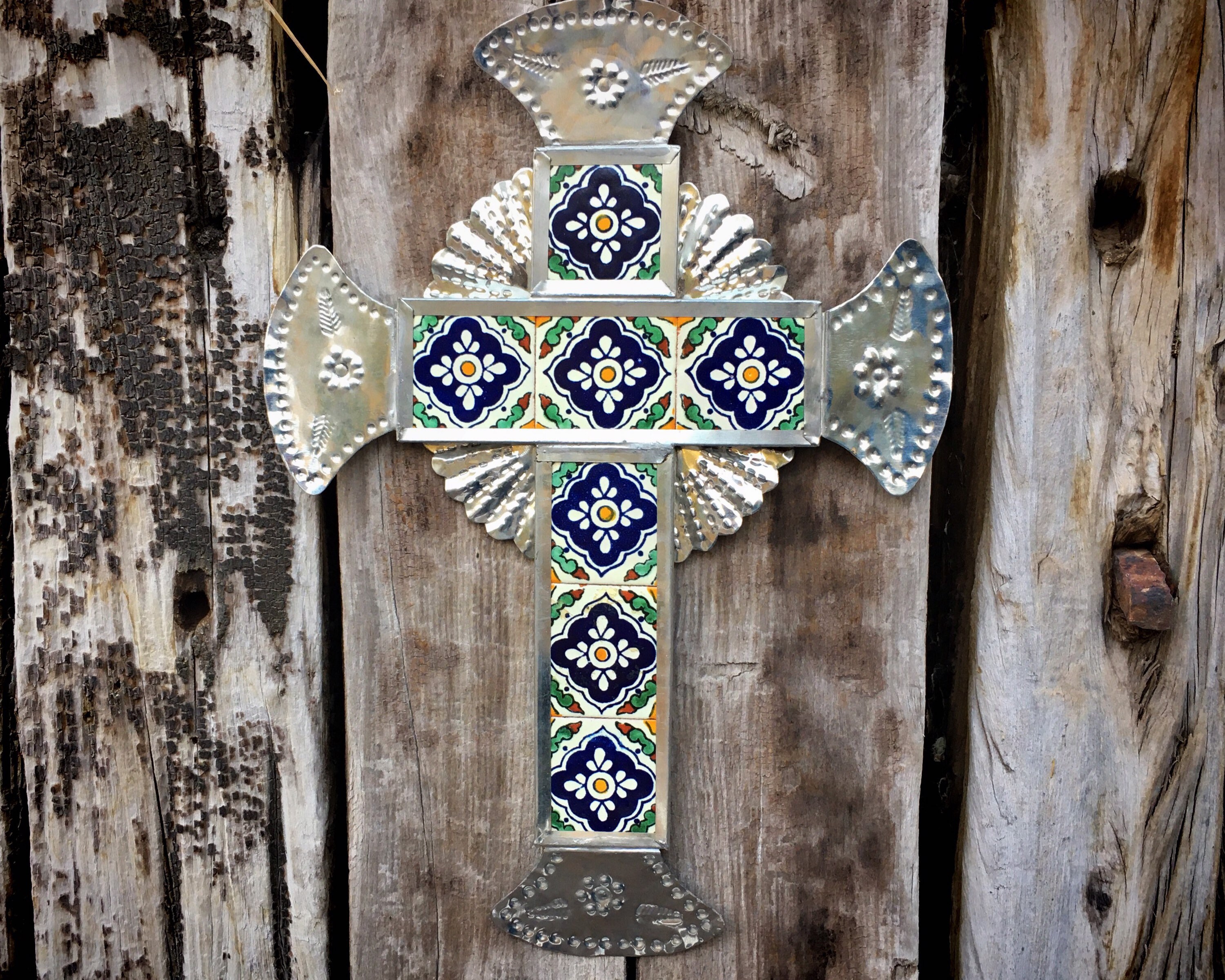 10 x 14 Ceramic Tile and Distressed Metal Cross Wall Hanging, Mexican ...