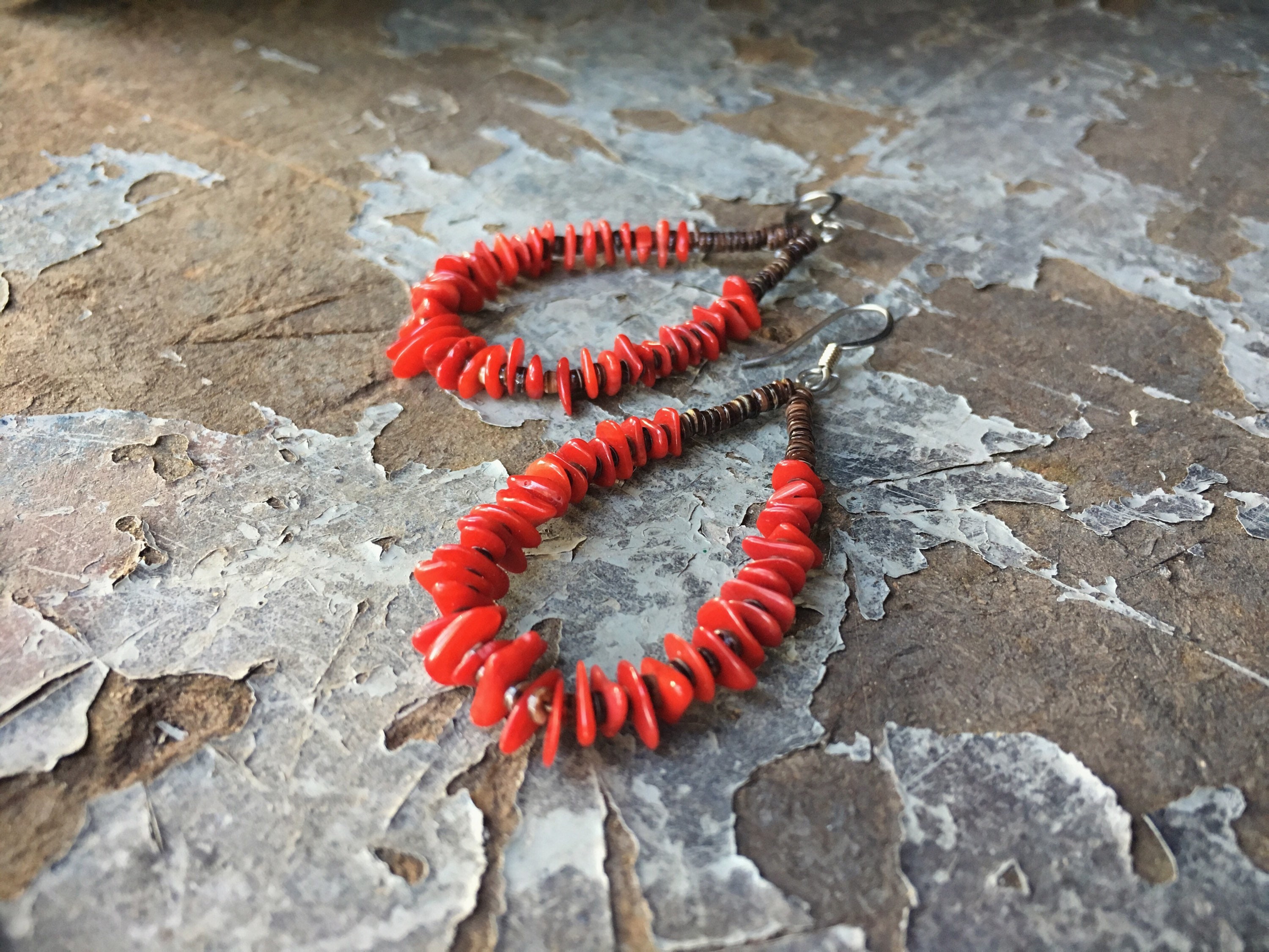 Chip Coral and Heishi Hoop Earrings for Women, Native American Indian ...